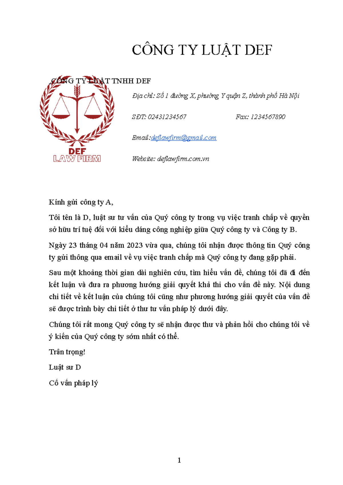 Thư Tư Vấn Thư Tư Vấn CÔng Ty LuẬt Def CÔng Ty LuẬt Tnhh Def Địa