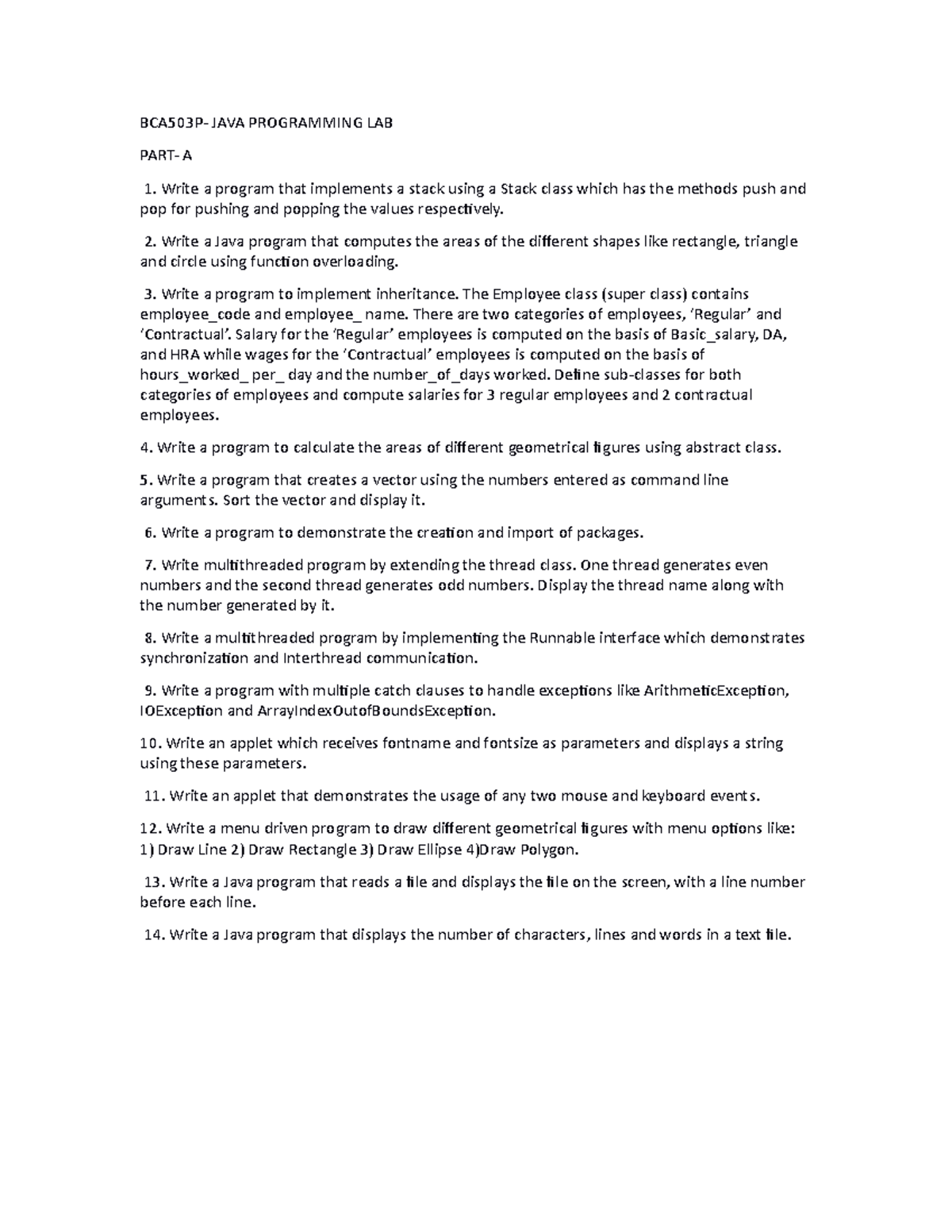 Java lab manual 2021-2022 - BCA503P- JAVA PROGRAMMING LAB PART- A 1 ...