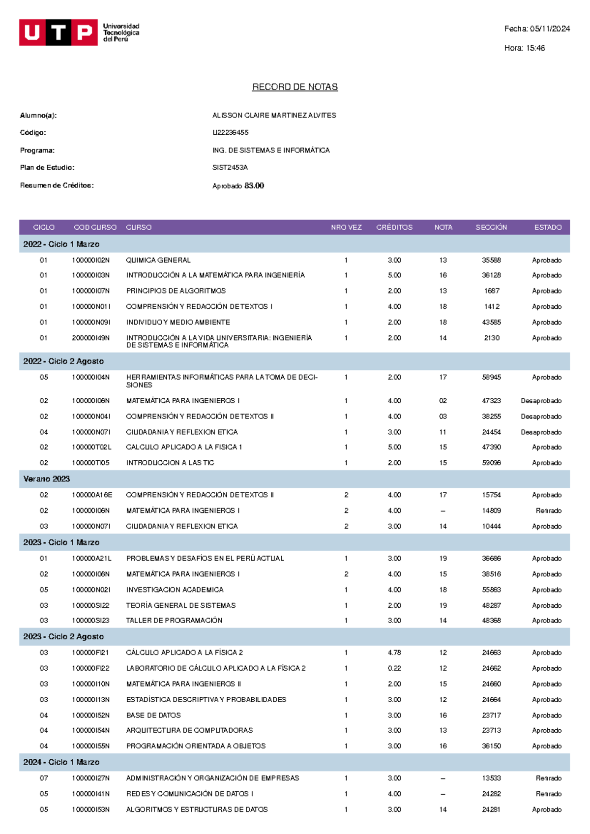 Record de notas - SSSSSSSSSSSSSSSS - Fecha: 05/11/ Hora: 15: RECORD DE ...