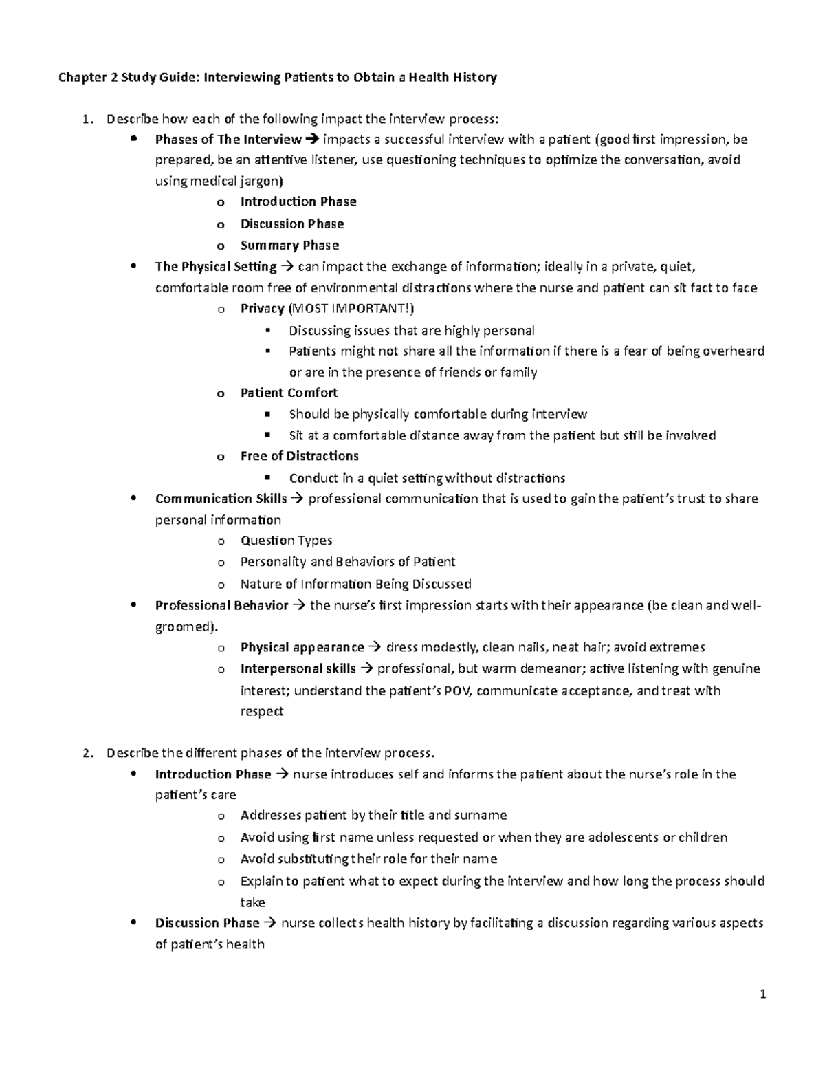 Chapter 2 Study Guide - Chapter 2 Study Guide: Interviewing Patients to ...