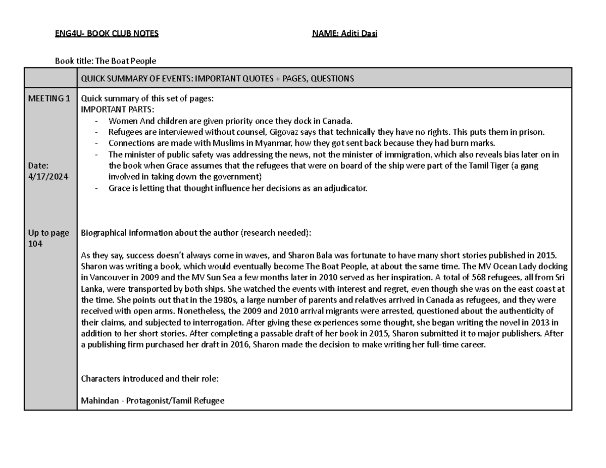 Copy of ENG4U - Reading Notes - Book Club #1 - ENG4U- BOOK CLUB NOTES ...