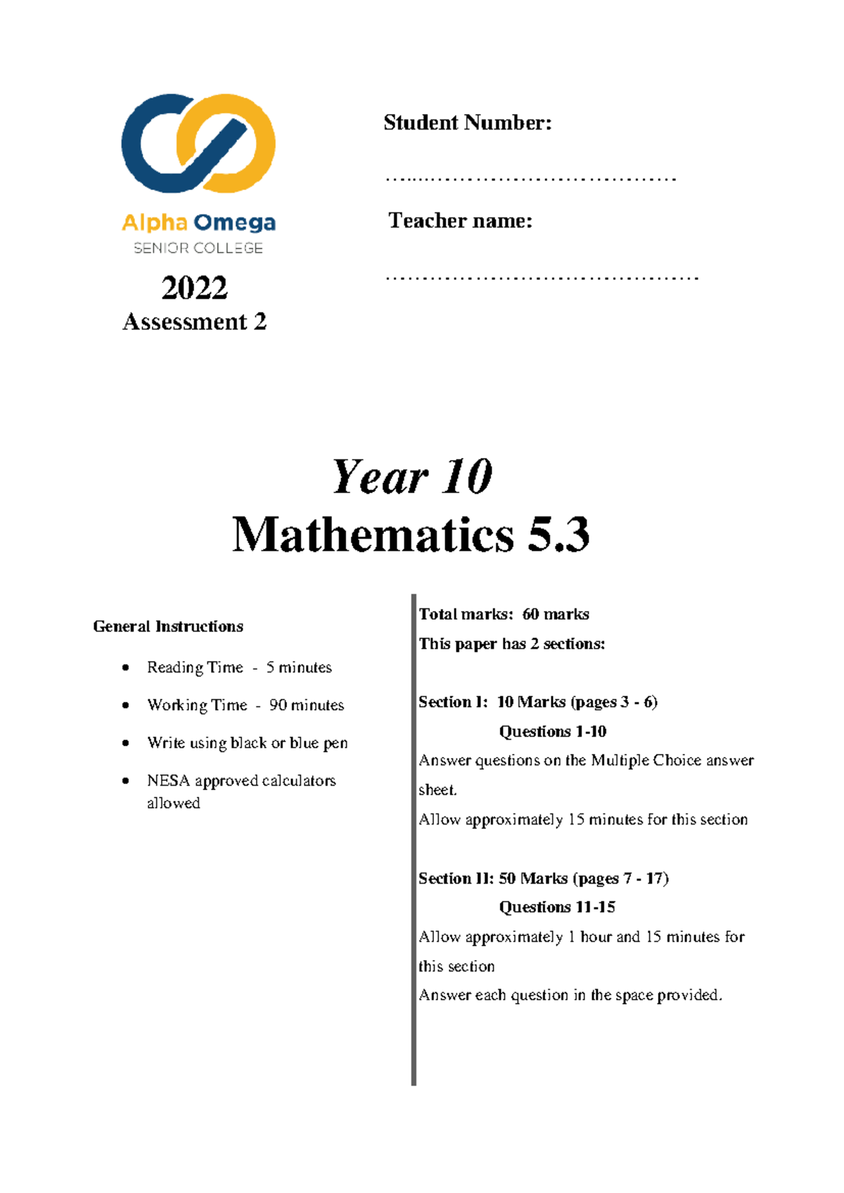 2022 Y10 AT2 Exam - Past exam practice paper - General Instructions ...