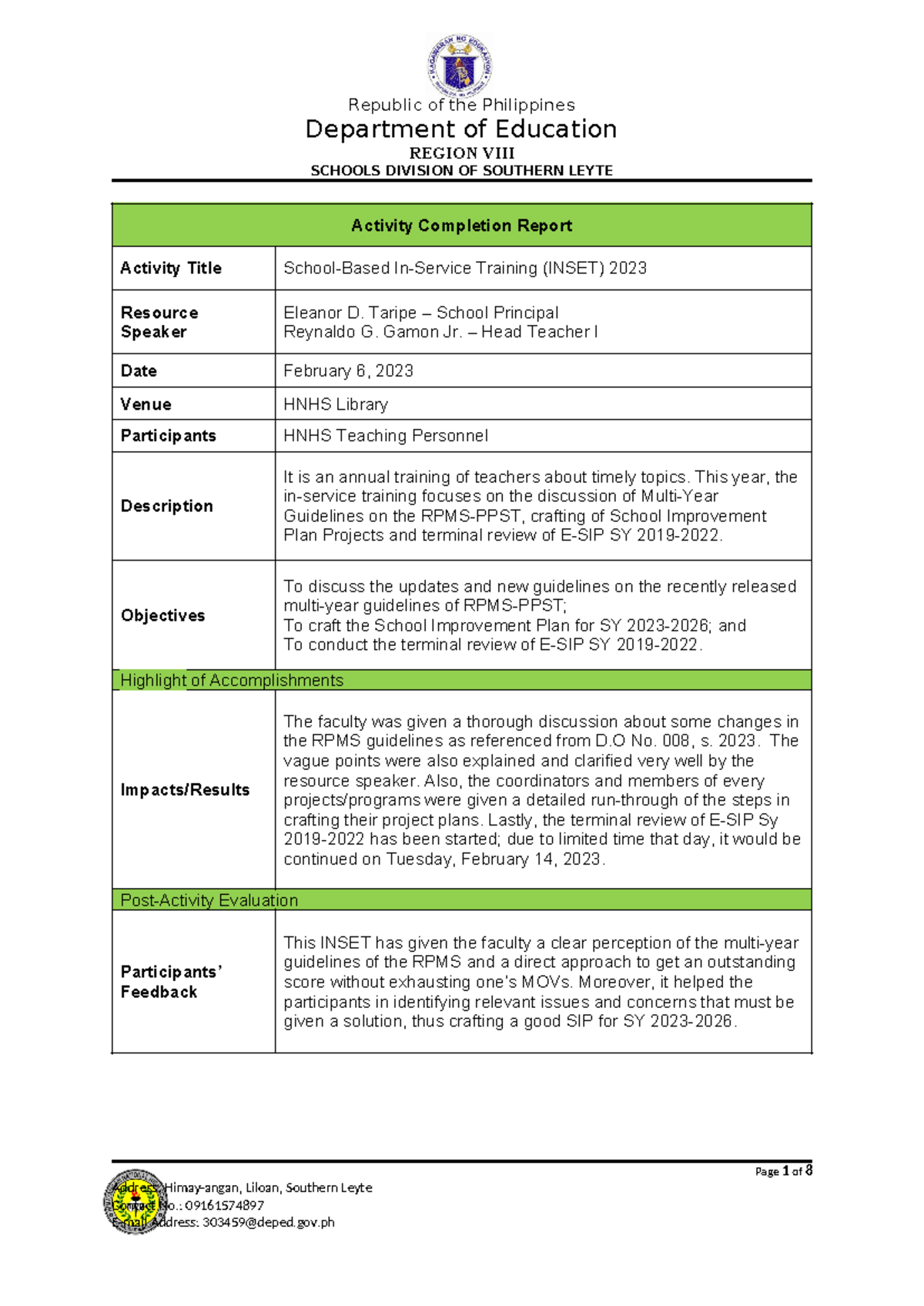 ACR Inset 2023 Final - Accomplishment Report - Department of Education ...
