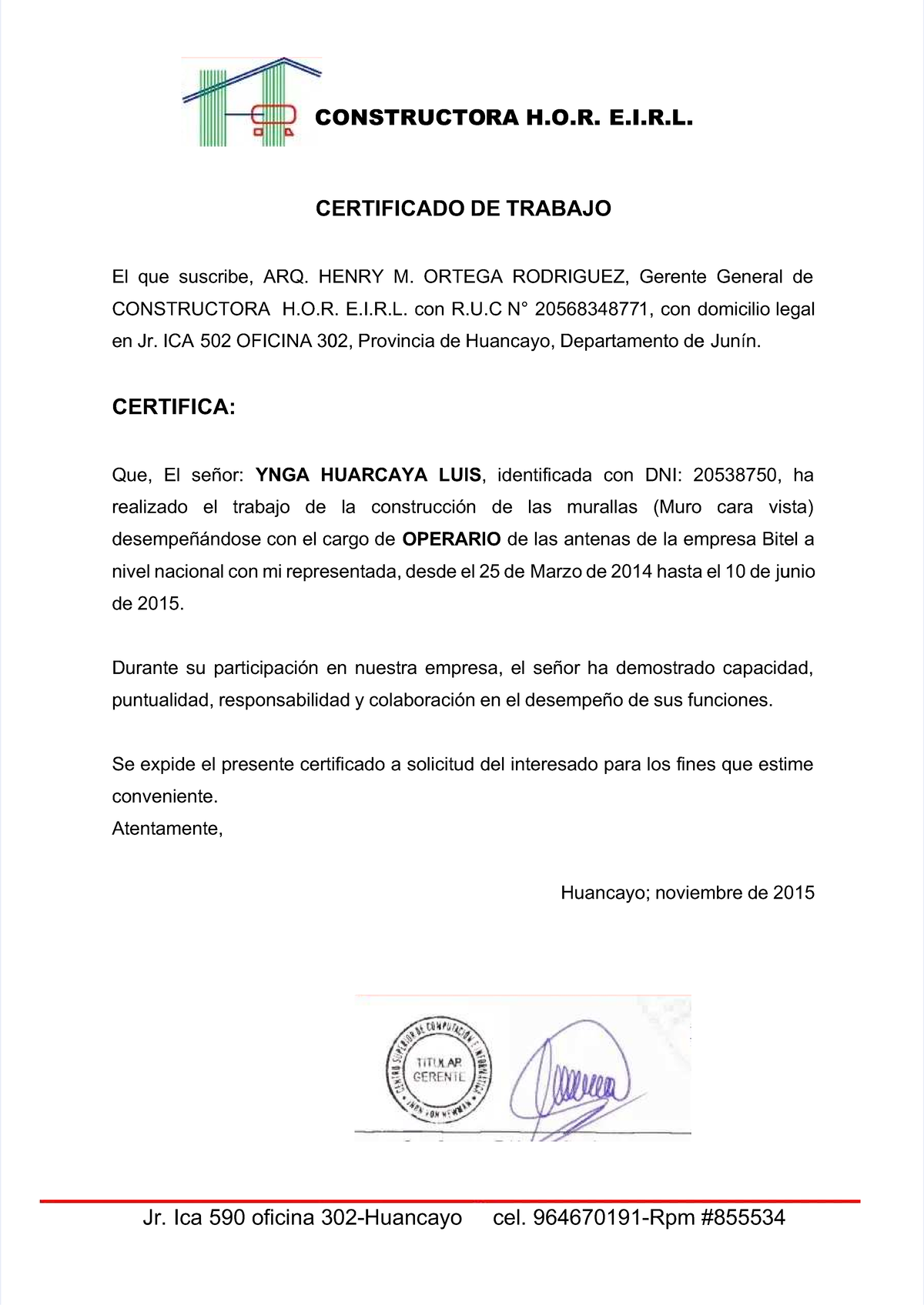 Pdf-certificado-de-trabajo compress - Jr. IcaIca 590590 oficinaoficina 302-Huancayo302-Huancayo ...