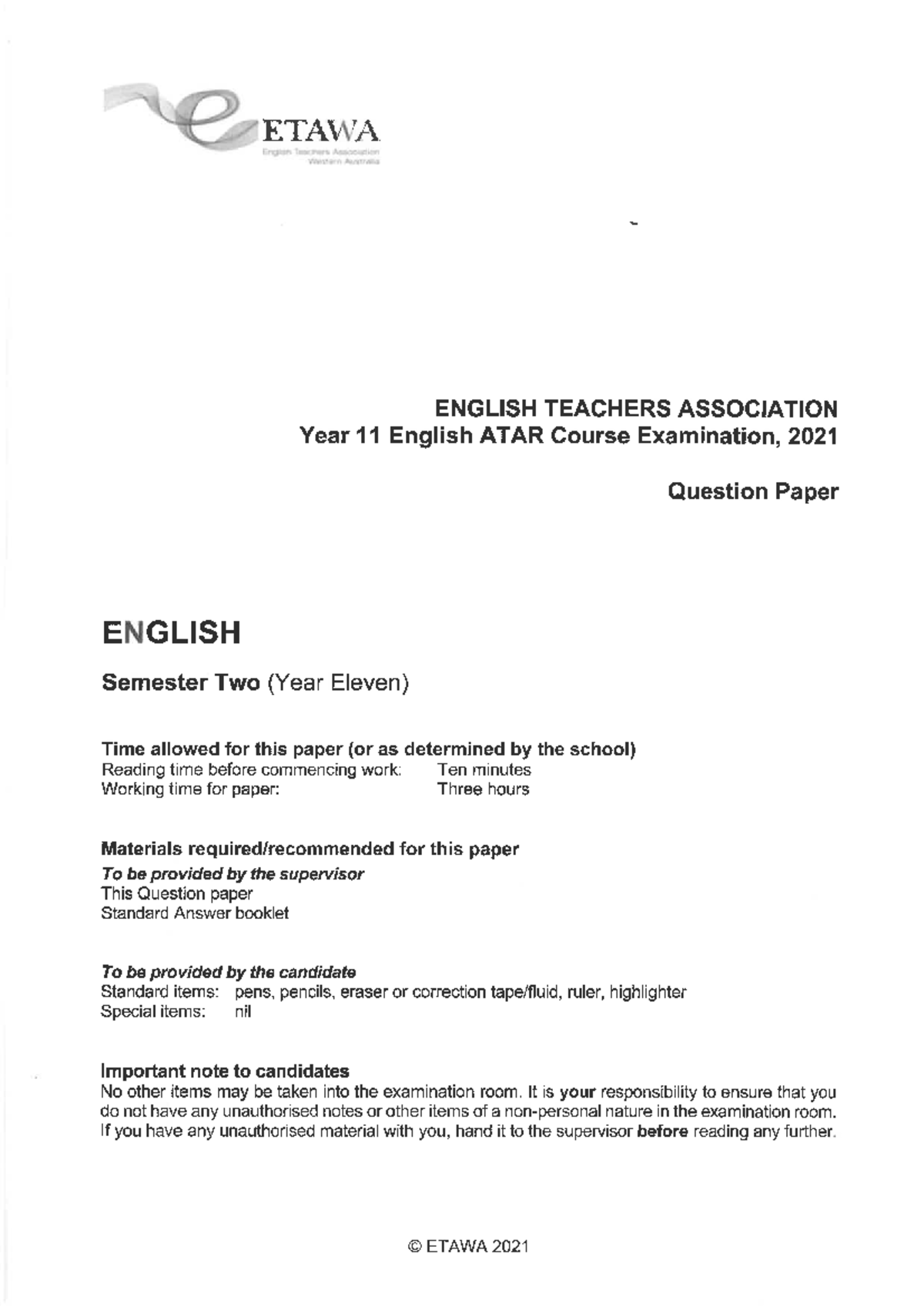 YR 11 ATAR SEM 2 EXAM - english - Studocu