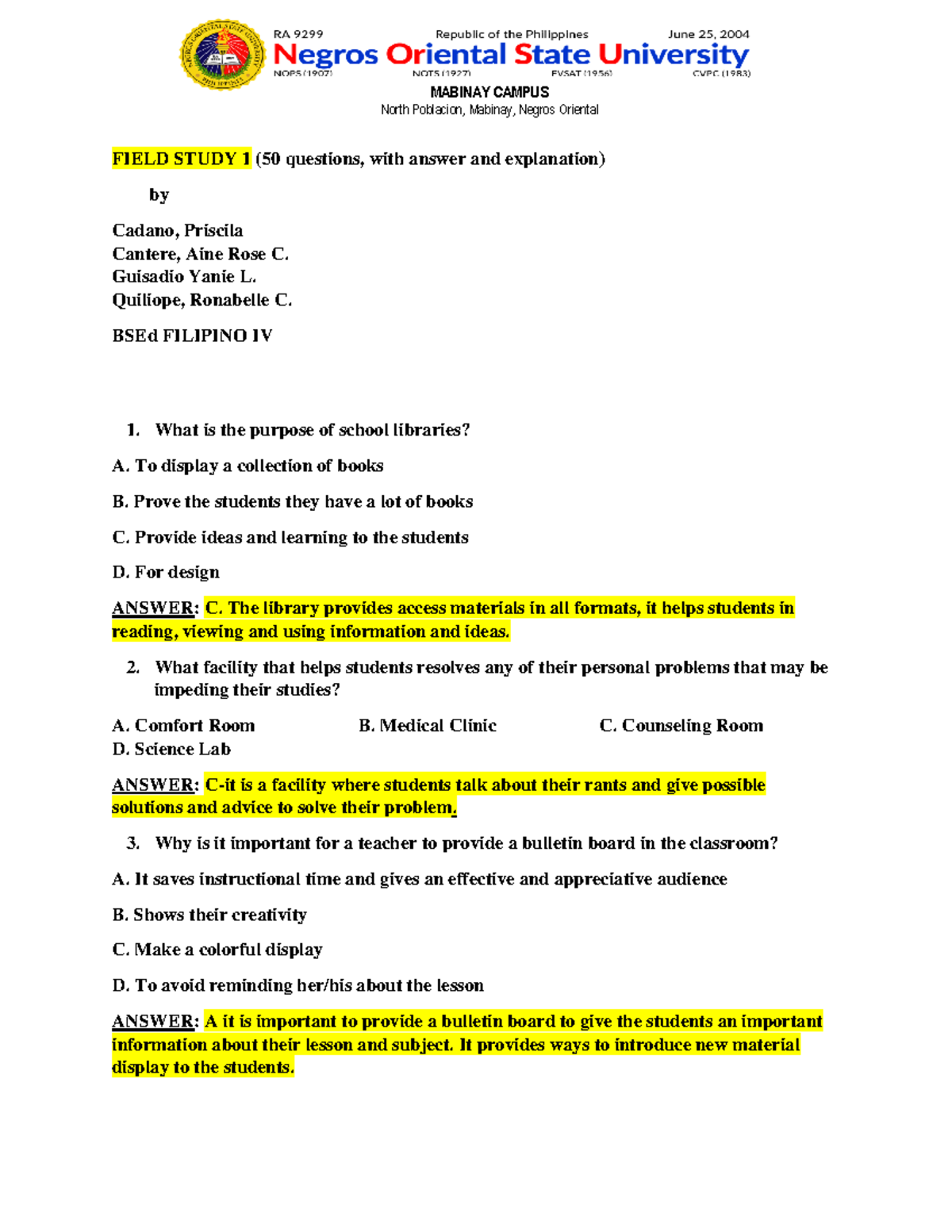 Field Study 1 Questions AND Answers ( Cadano, Cantere, Guisadio ...