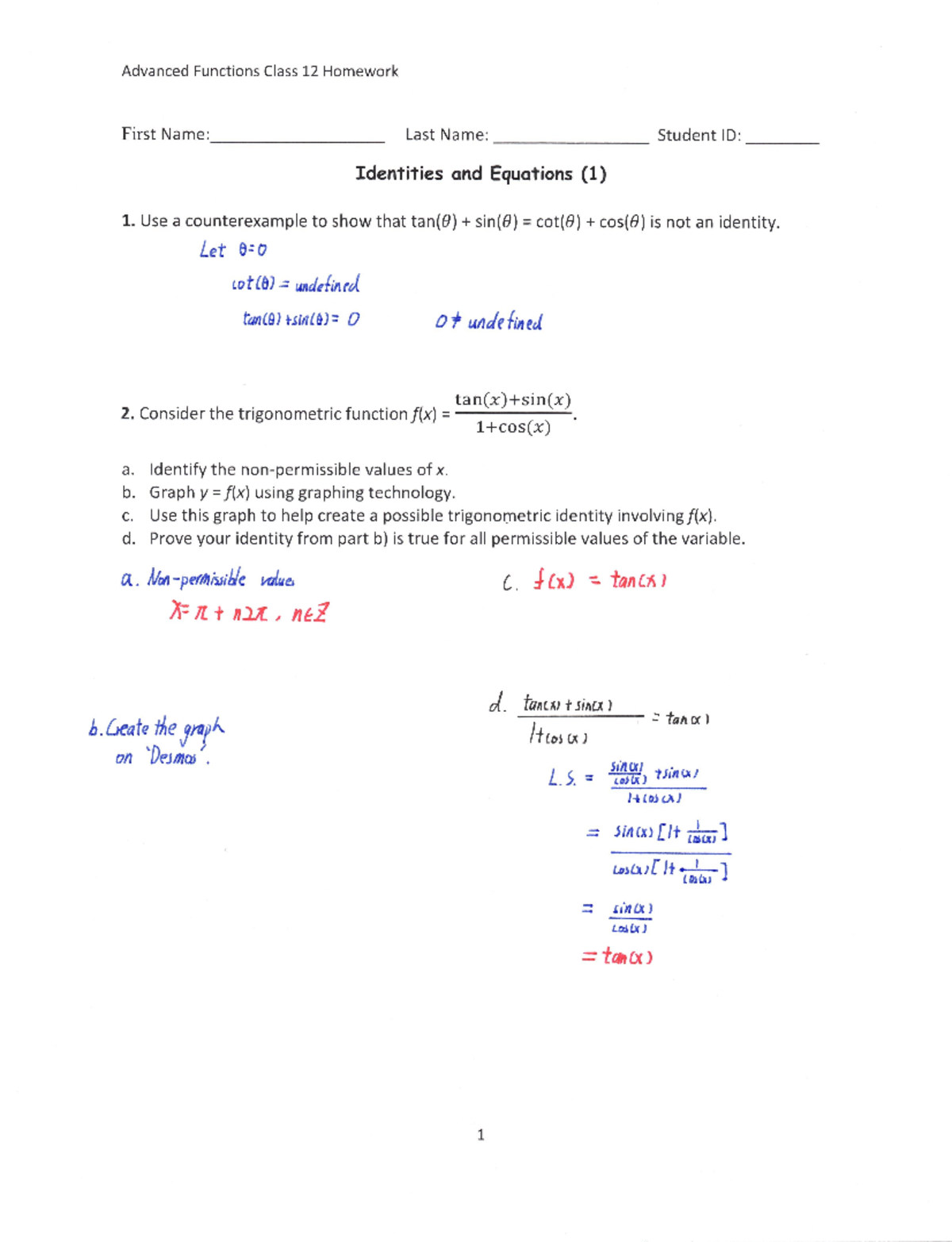 Class 12 Advanced Functions HW Answer Key - Advanced Functions Class 12 ...