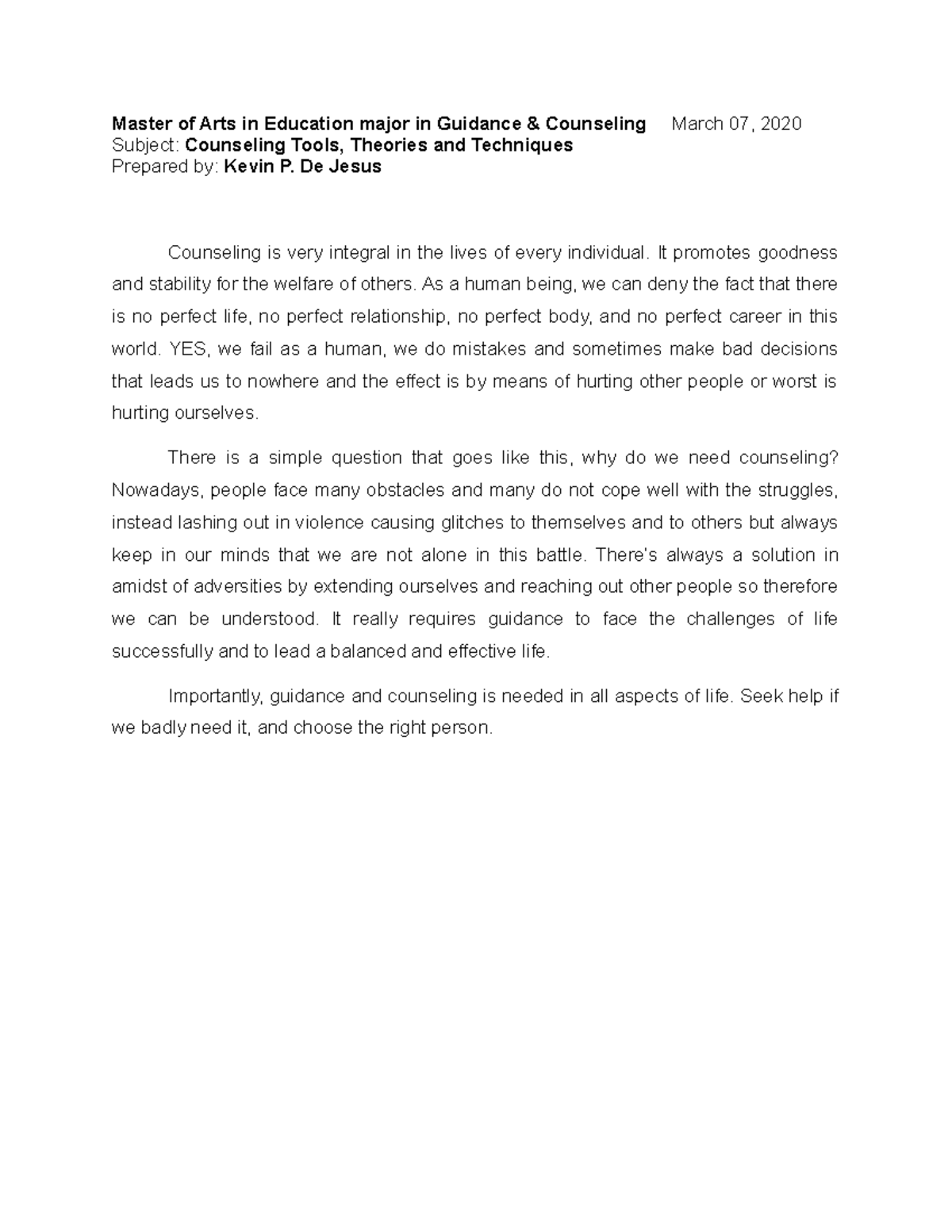 Reflection (Need for Counseling) - Master of Arts in Education major in ...