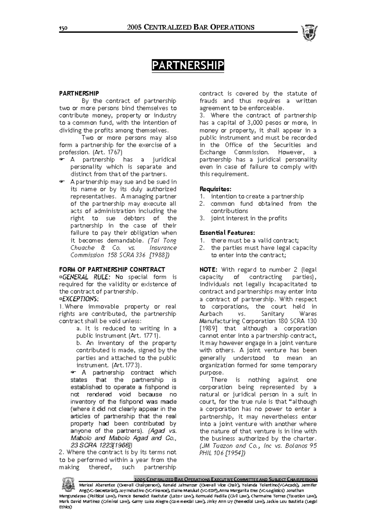 Bus law partnership - 150 2005 CENTRALIZED BAR OPERATIONS 2005 ...