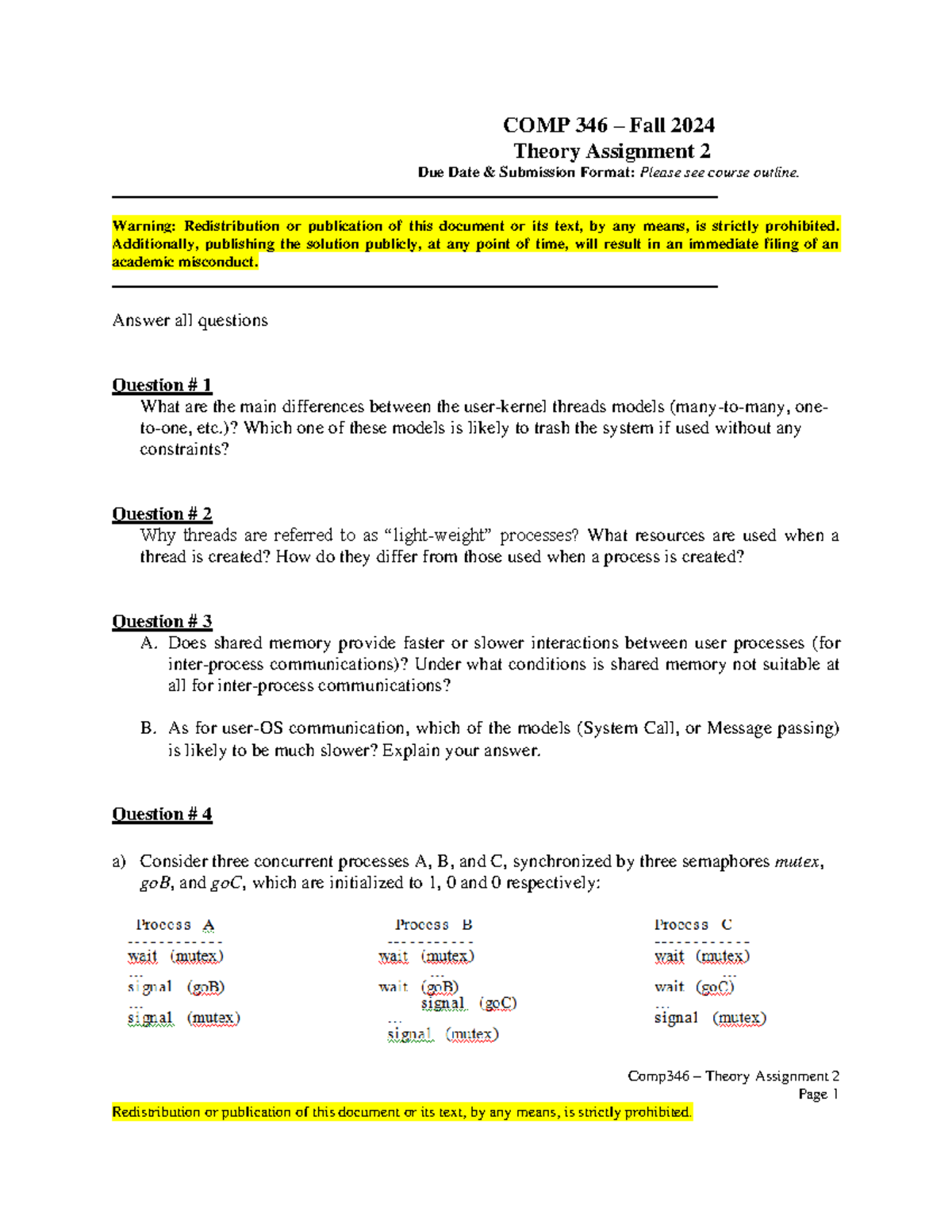 Comp346.2024f.ta02.theory - Comp346 – Theory Assignment 2 Page 1 Redistribution or publication ...