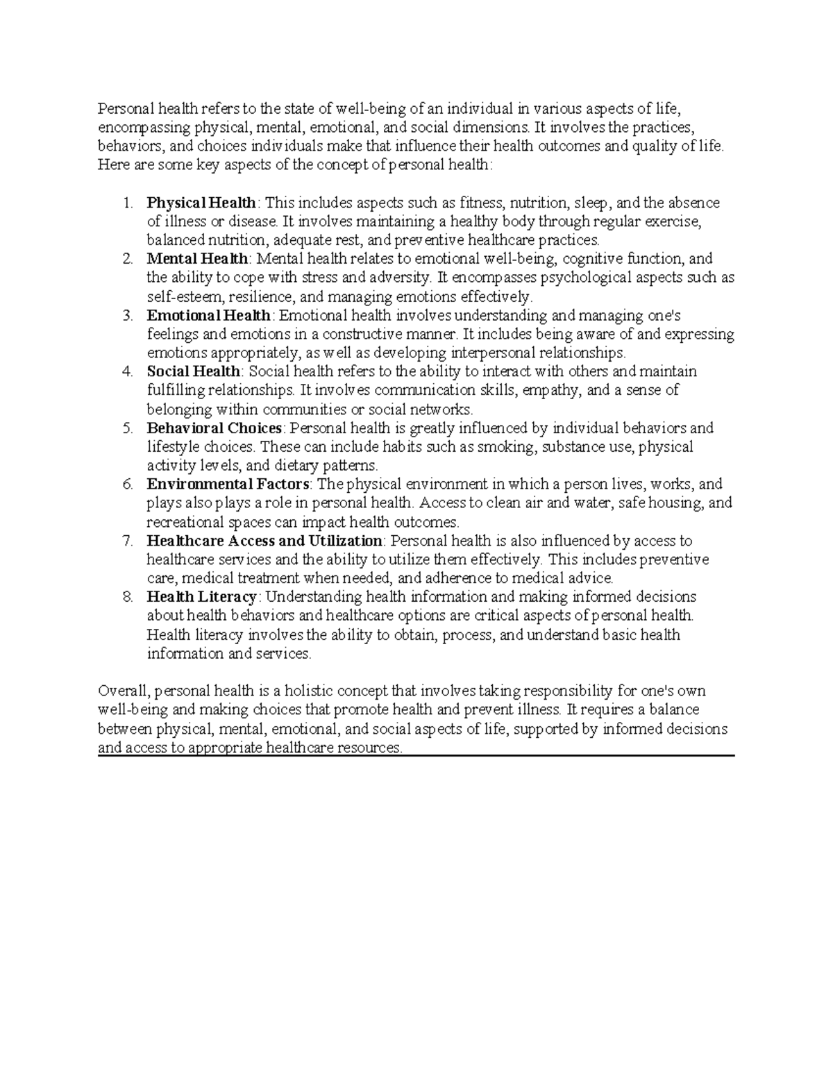 Personal health refers to the state of well - It involves the practices ...