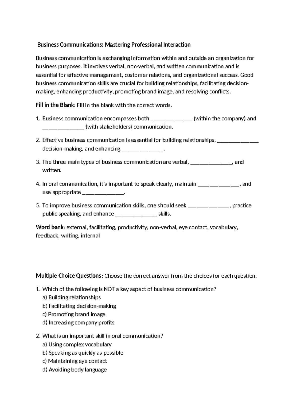 Business Communication worksheet - Business Communications: Mastering ...