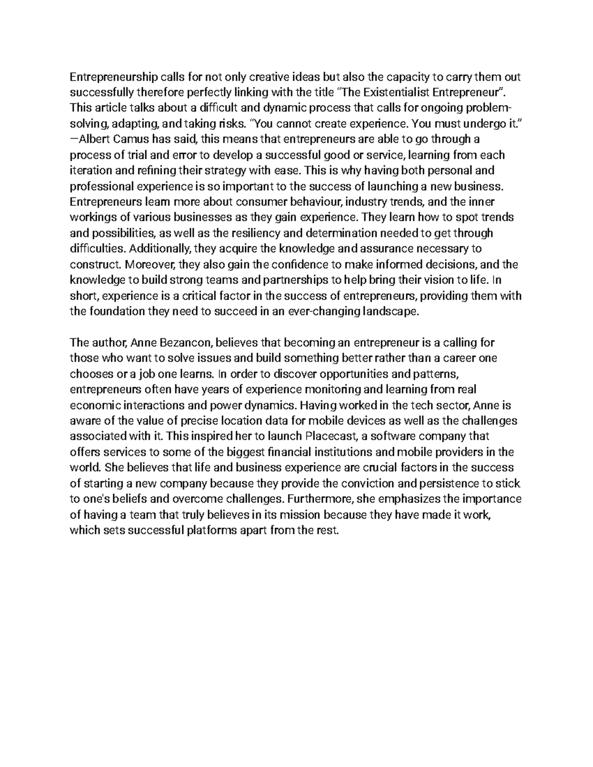 Draft #2 - summarization of entrepreneur assignment - Entrepreneurship ...