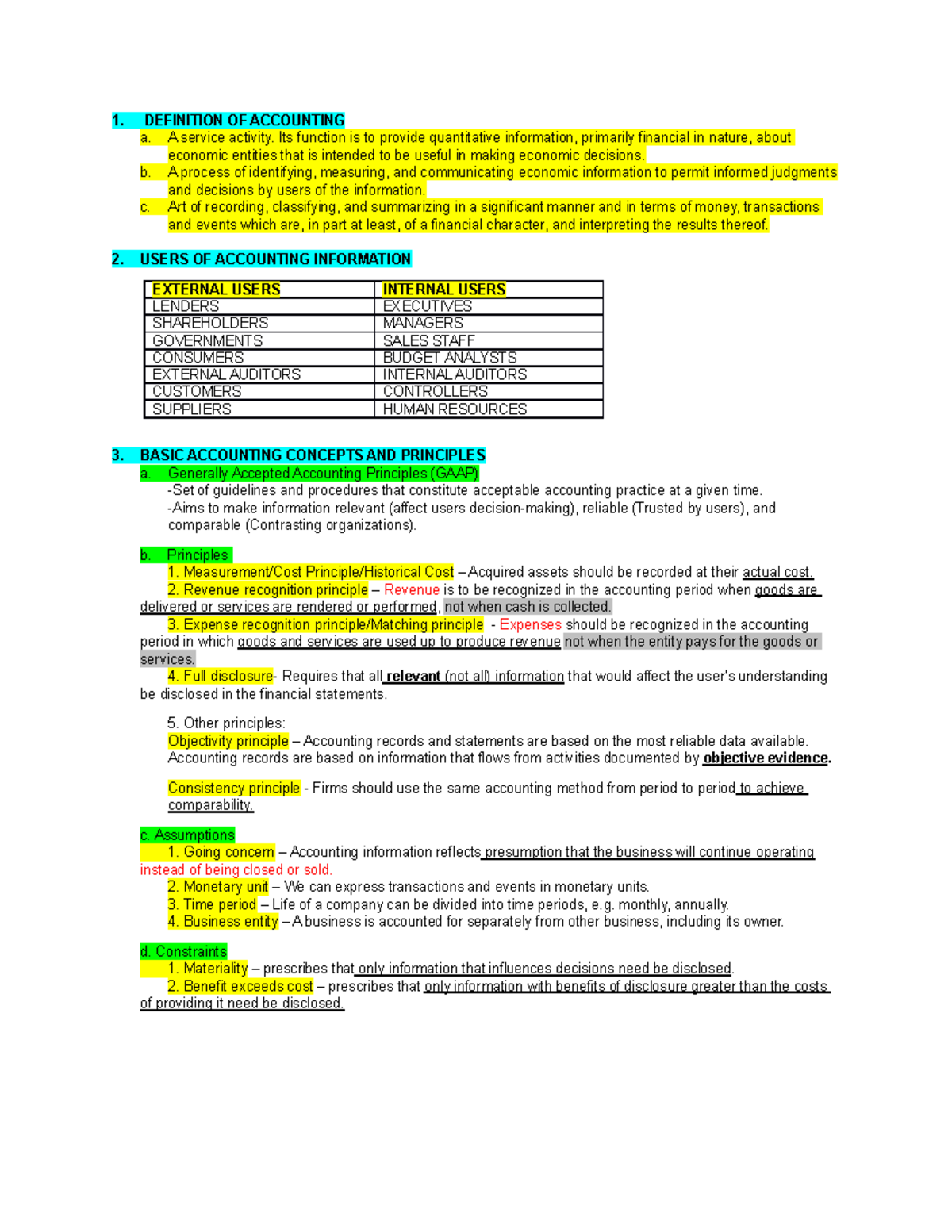 FAR Reviewer - Lecture notes 1 - 1. DEFINITION OF ACCOUNTING a. A ...