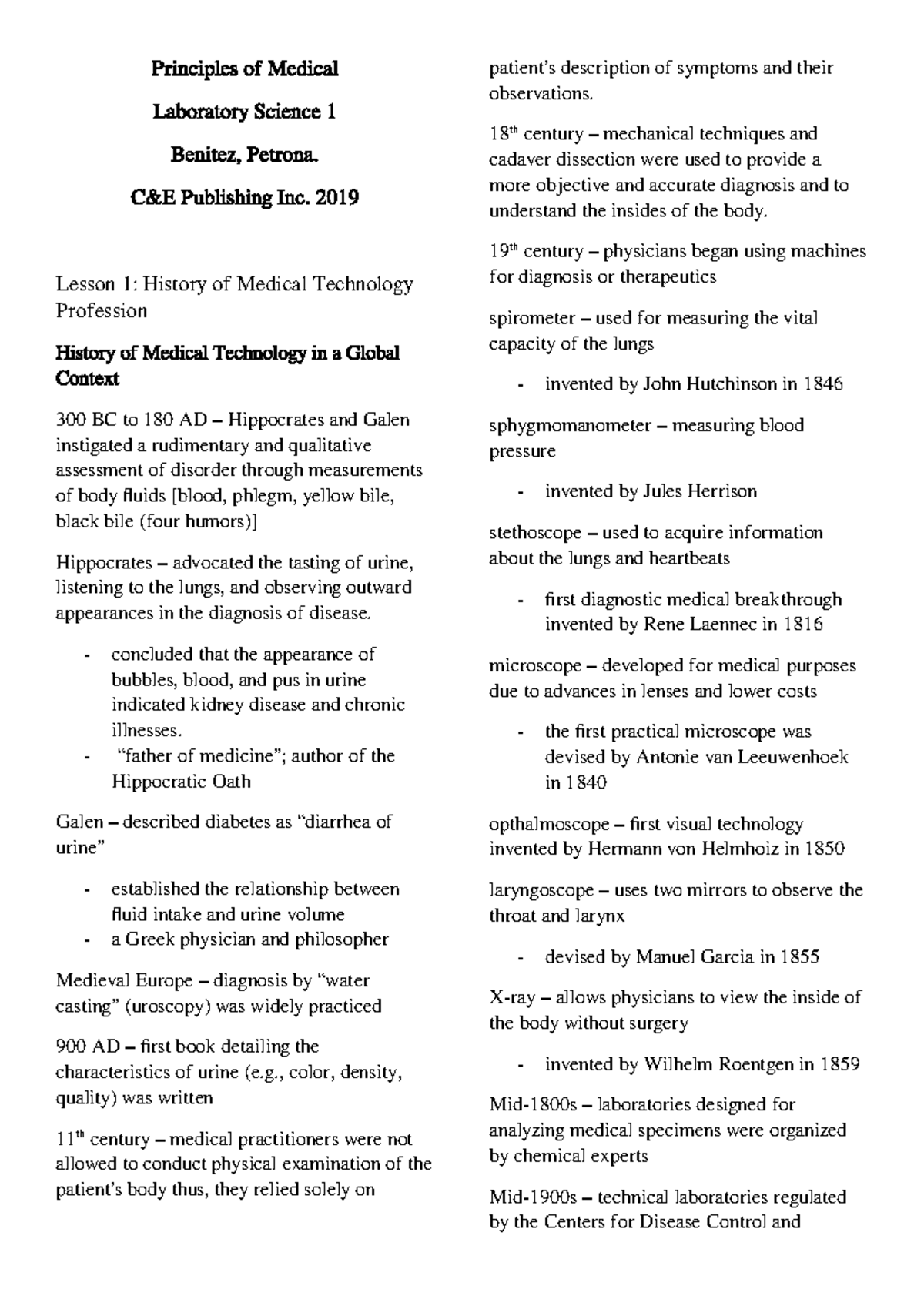 PMLS1 L1 - Principles of Medical Laboratory Science 1 Benitez, Petrona ...