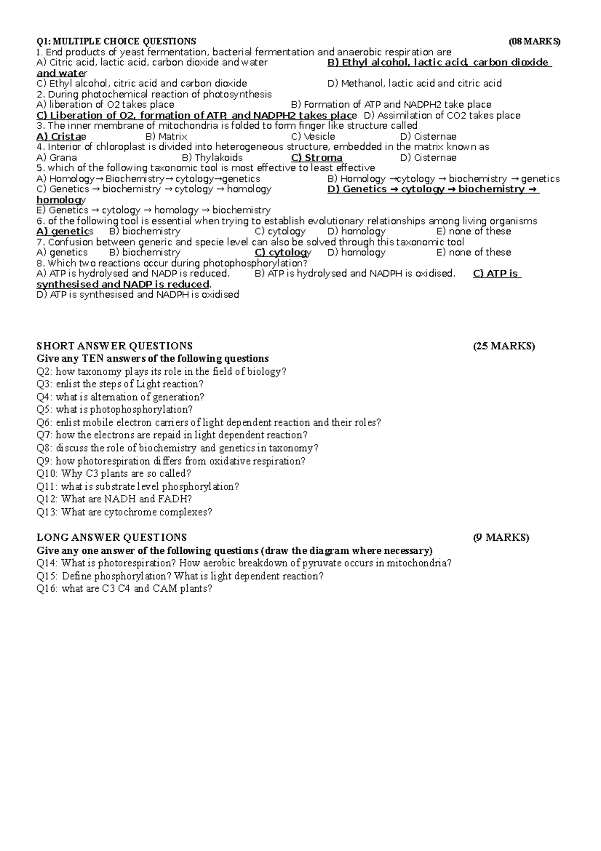 Paper I - helpful for preliminary exams - Q1: MULTIPLE CHOICE QUESTIONS (08 MARKS) End products ...