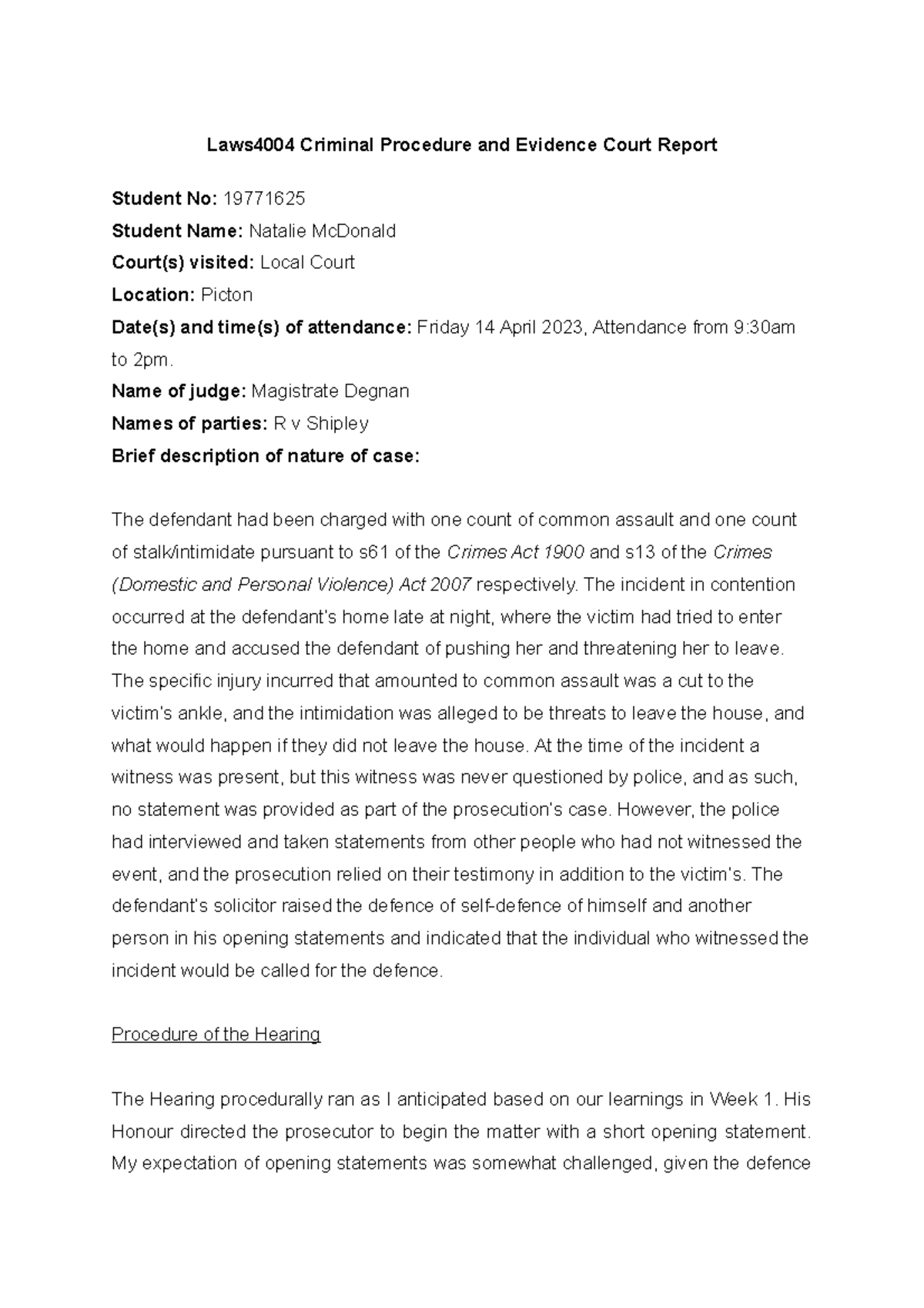 CPE Reflection - Laws4004 Criminal Procedure and Evidence Court Report ...