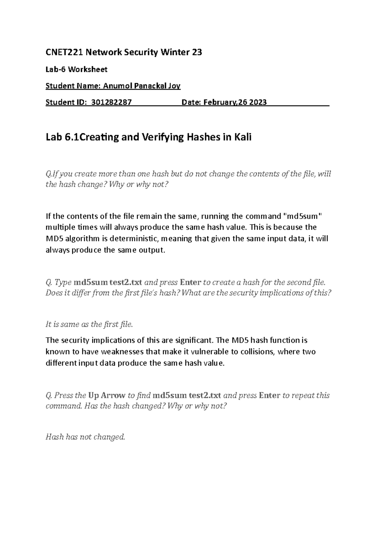 Anumol Lab 6 - network security assignment - CNET221 Network Security Winter 23 Lab-6 Worksheet ...
