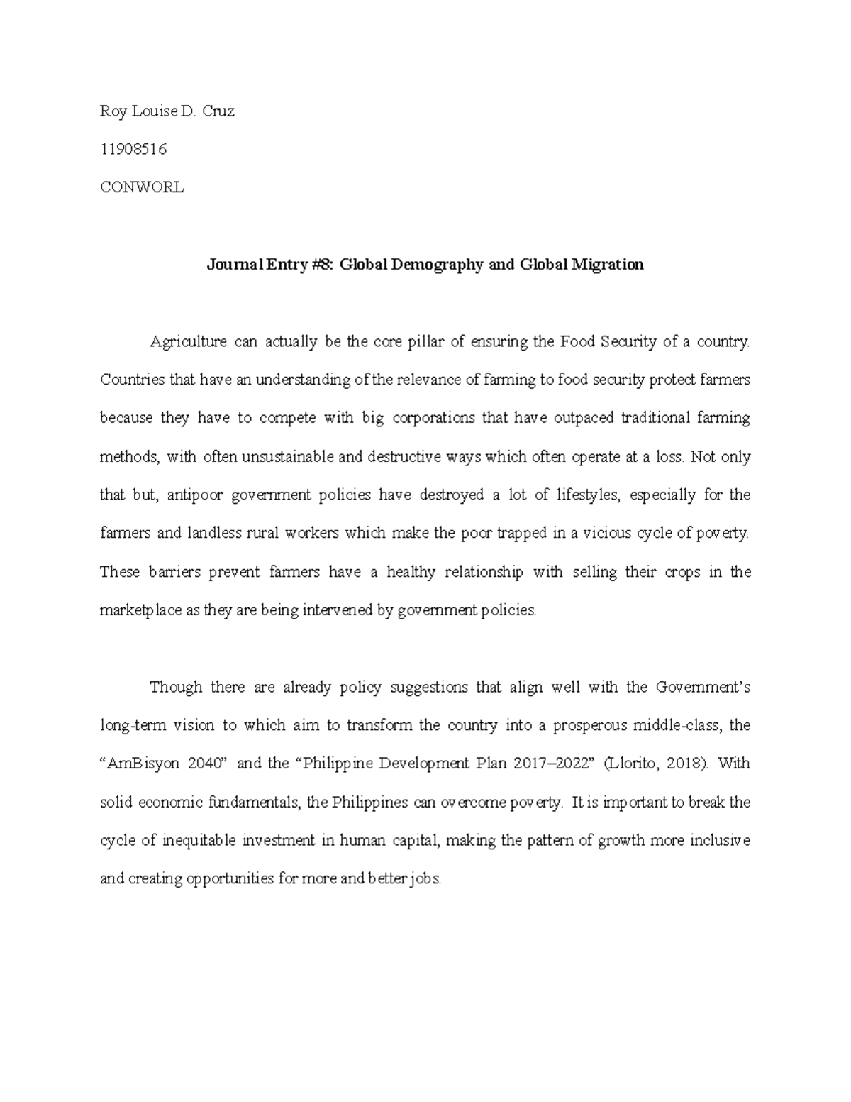 Global Migration Essay - Roy Louise D. Cruz 11908516 CONWORL Journal ...