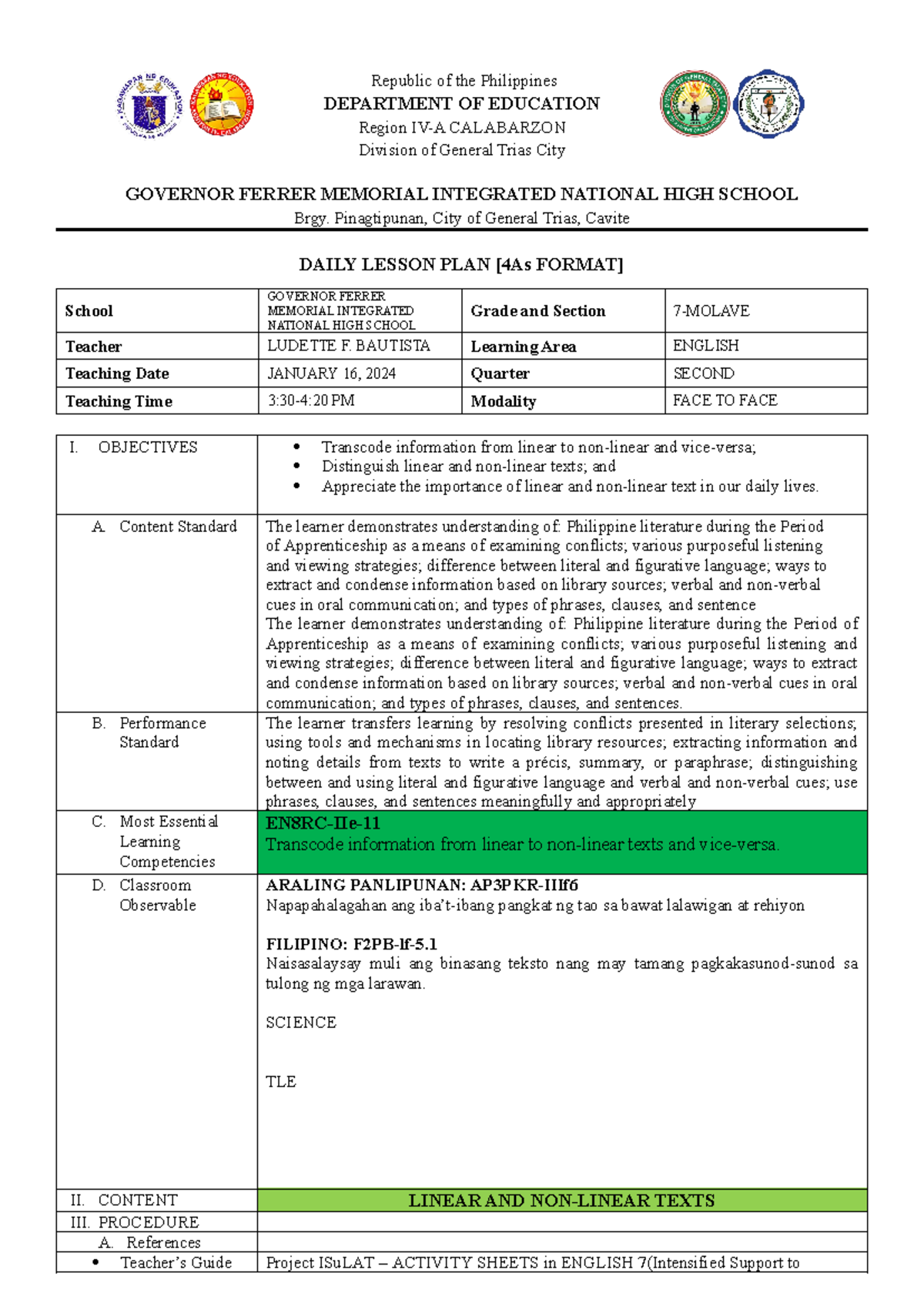 2ND Grading Linear Nonlinear TEXT Daily- Lesson-PLAN 4As - Republic of ...
