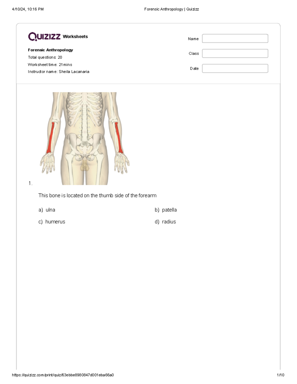 Forensic Anthropology Quizizz - Worksheets Forensic Anthropology Total ...