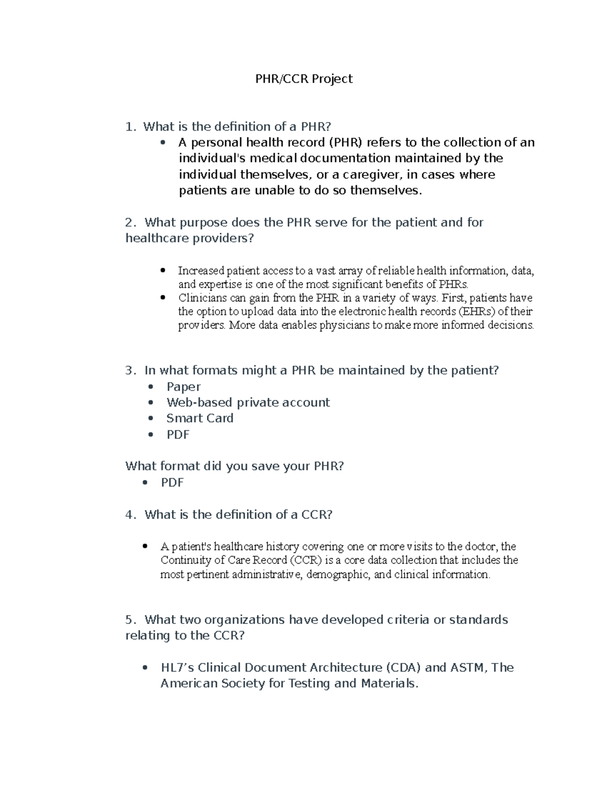 PHR-CCR Assignment - great - PHR/CCR Project What is the definition of ...