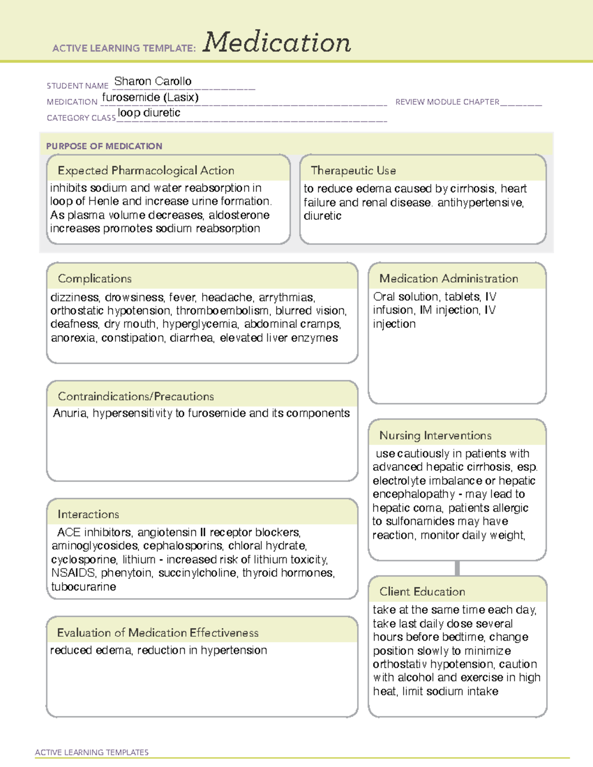 Furosemide - ALT - ACTIVE LEARNING TEMPLATES Medication STUDENT NAME ...