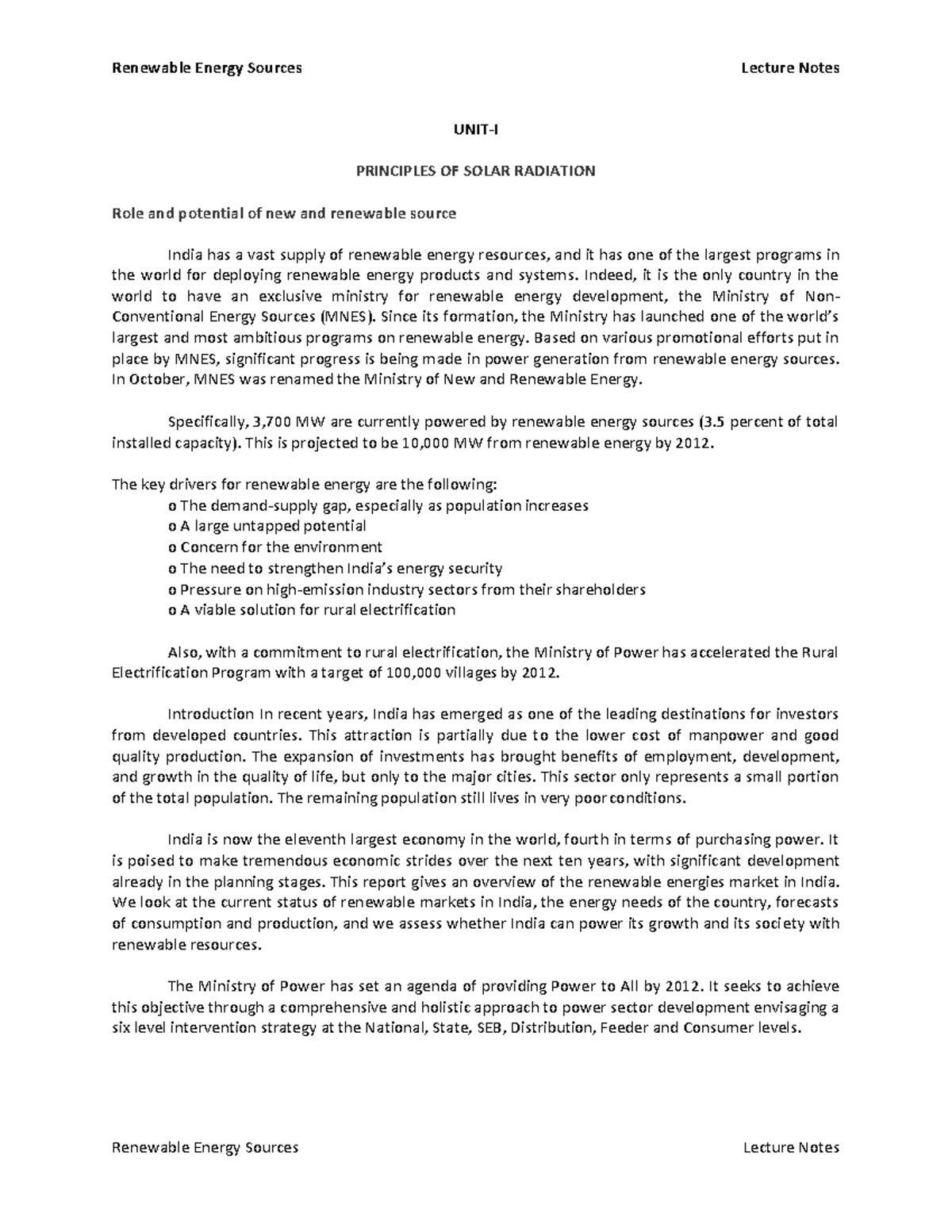 RES- Notes 1 - Renewable energy sources - UNIT-I PRINCIPLES OF SOLAR ...