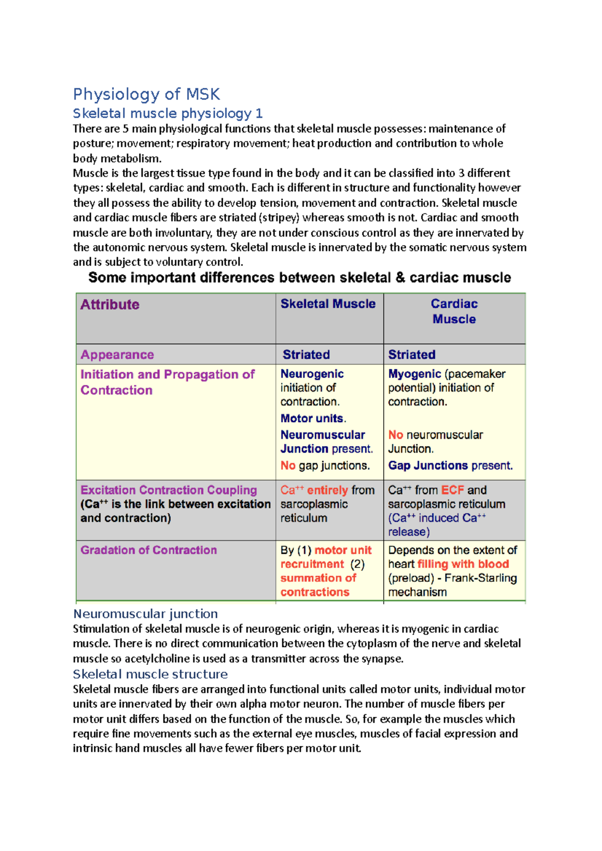 Physiology of MSK - Lecture notes 1 - Physiology of MSK Skeletal muscle ...