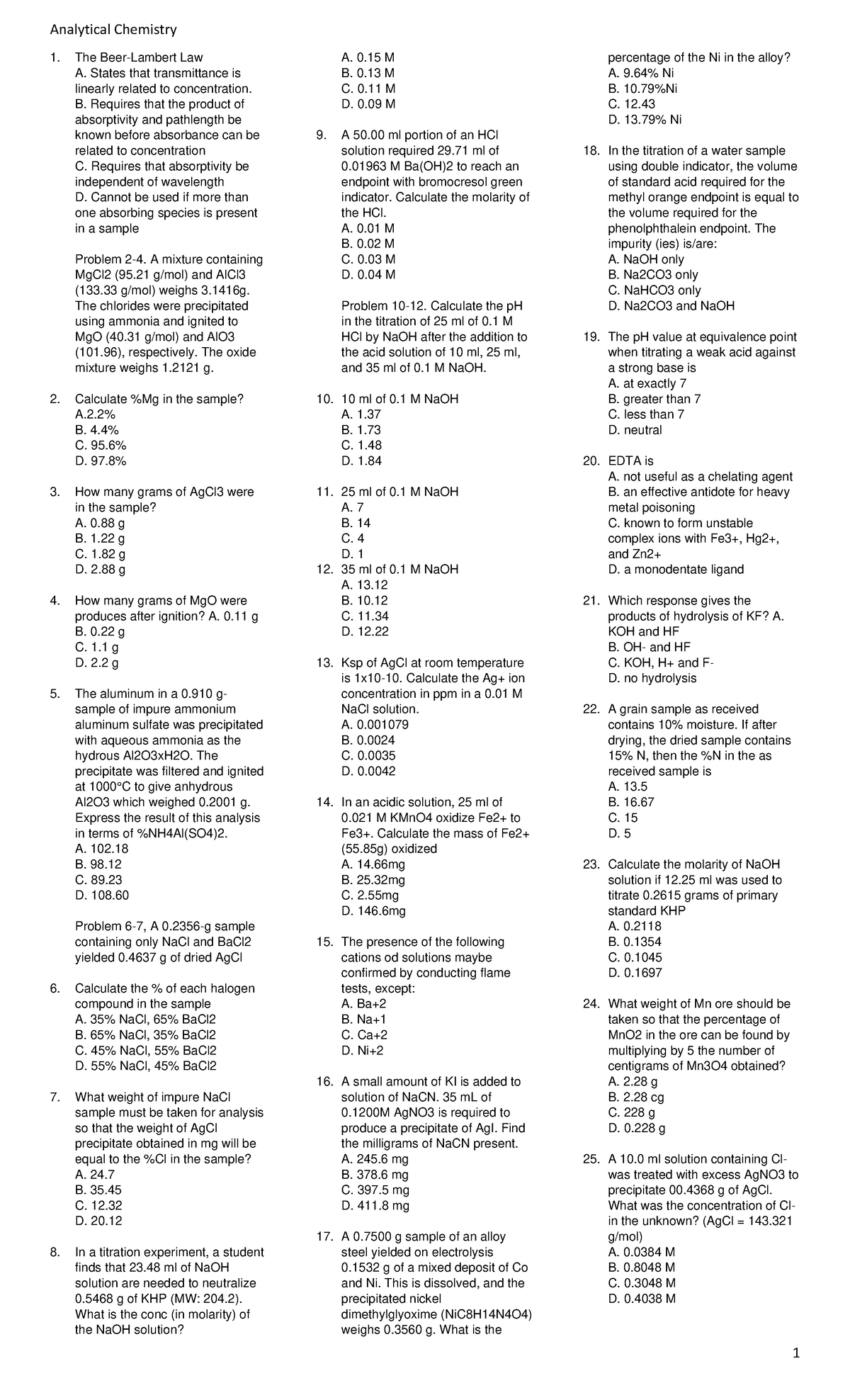 Analytical Chemistry with answers - The Beer-Lambert Law A. States that ...
