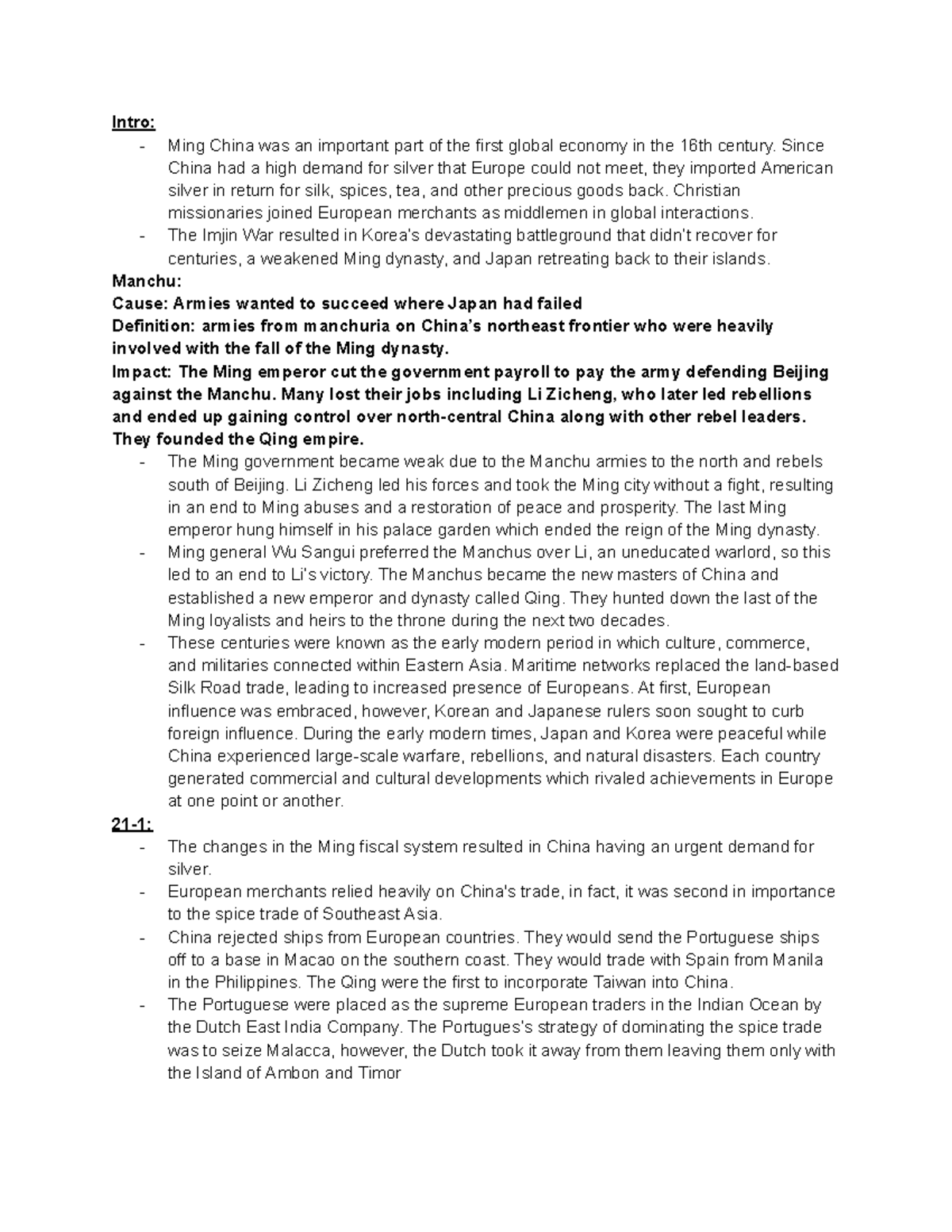AP World chap. 21 notes - Intro: - Ming China was an important part of ...
