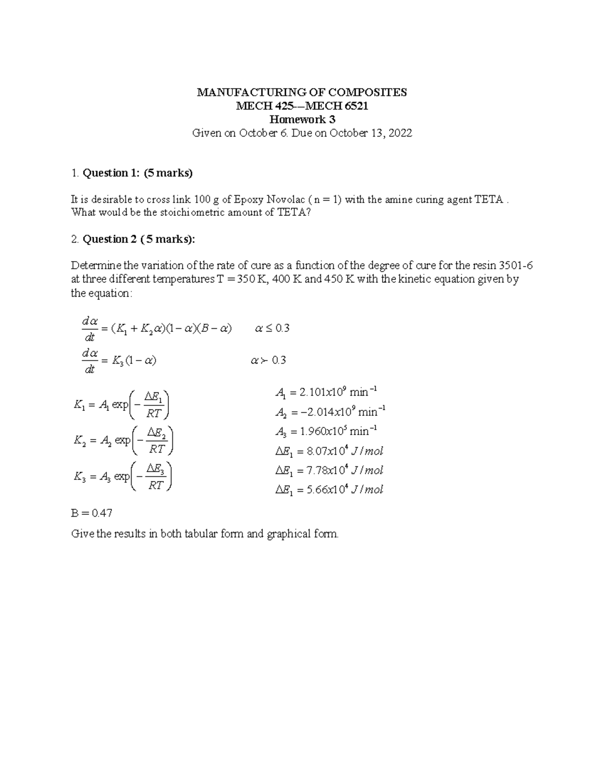 MECH 425 Homework 3 - MANUFACTURING OF COMPOSITES MECH 425-MECH 6521 ...