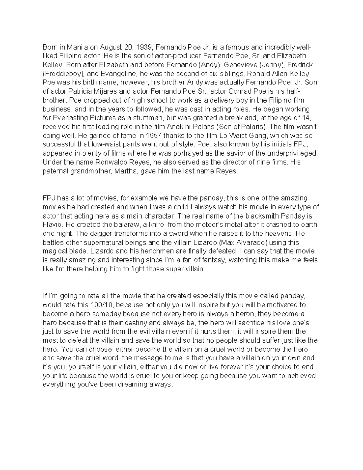CPAR Written 5 - Born in Manila on August 20, 1939, Fernando Poe Jr. is ...