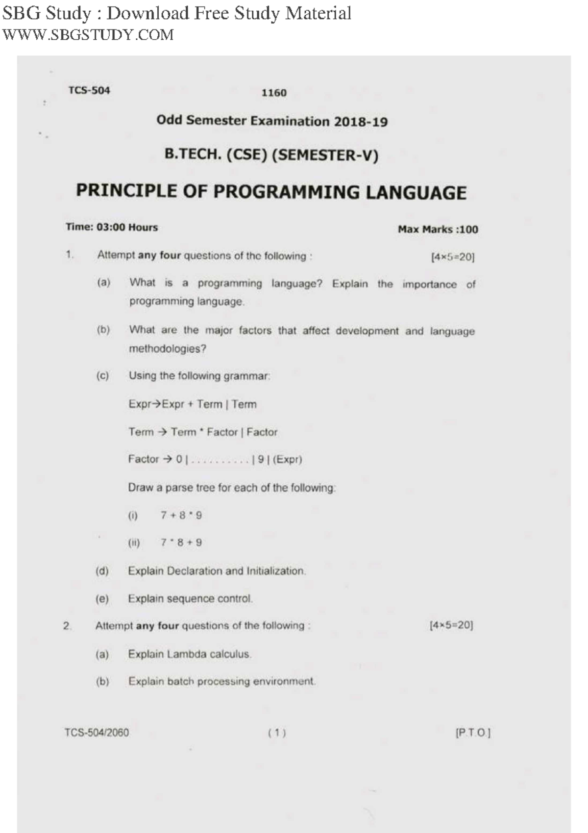 Ppl-2018 - Practice exam paper - Principles of Programming Languages - SBG Study : Download Free ...