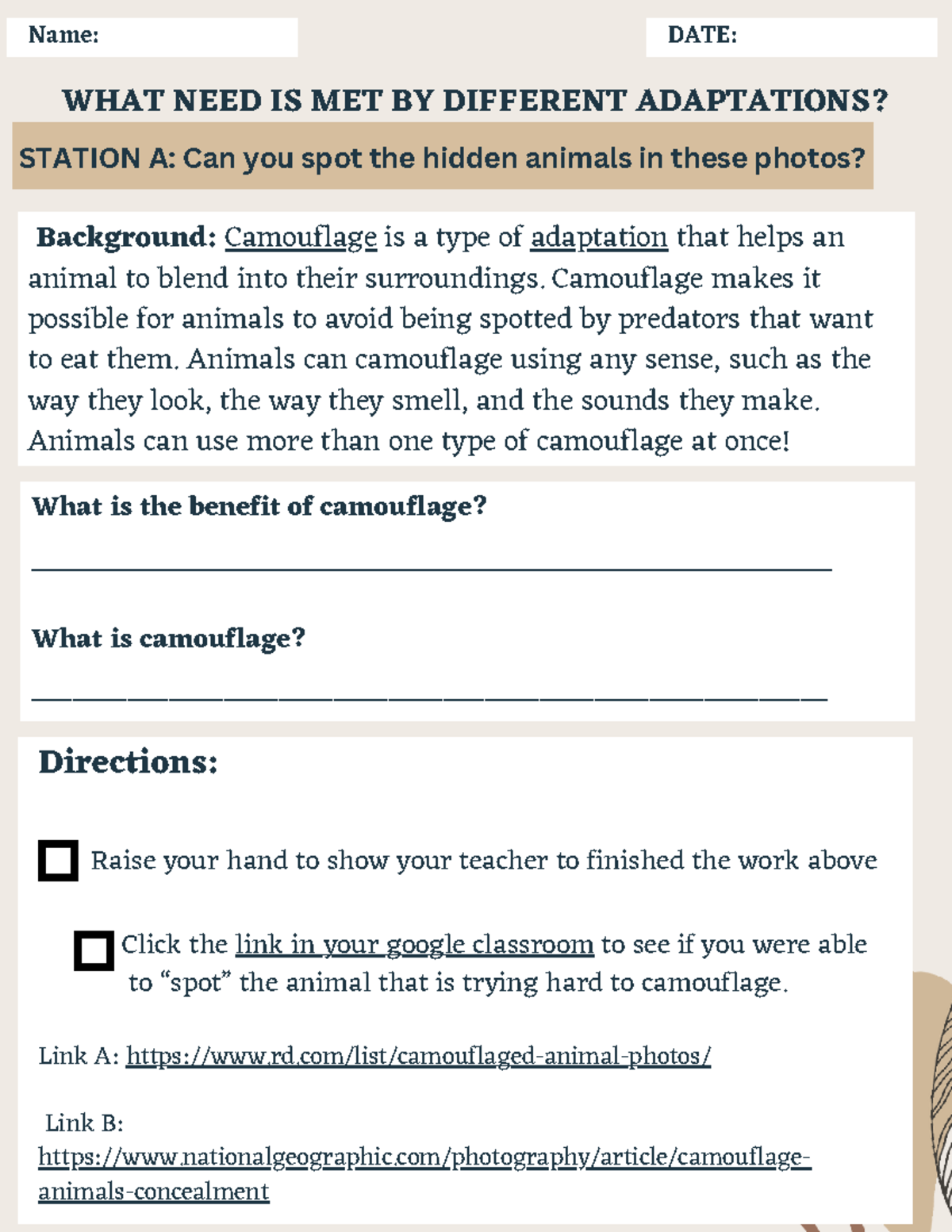 Adaptations lesson-2 - Name: DATE: Background: Camouflage is a type of ...