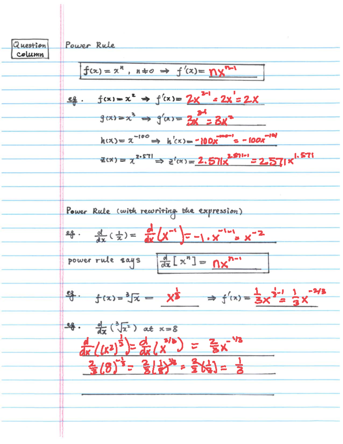 Math Notes 13 completed - Question Power Rule column f(x) n to nx eg ...
