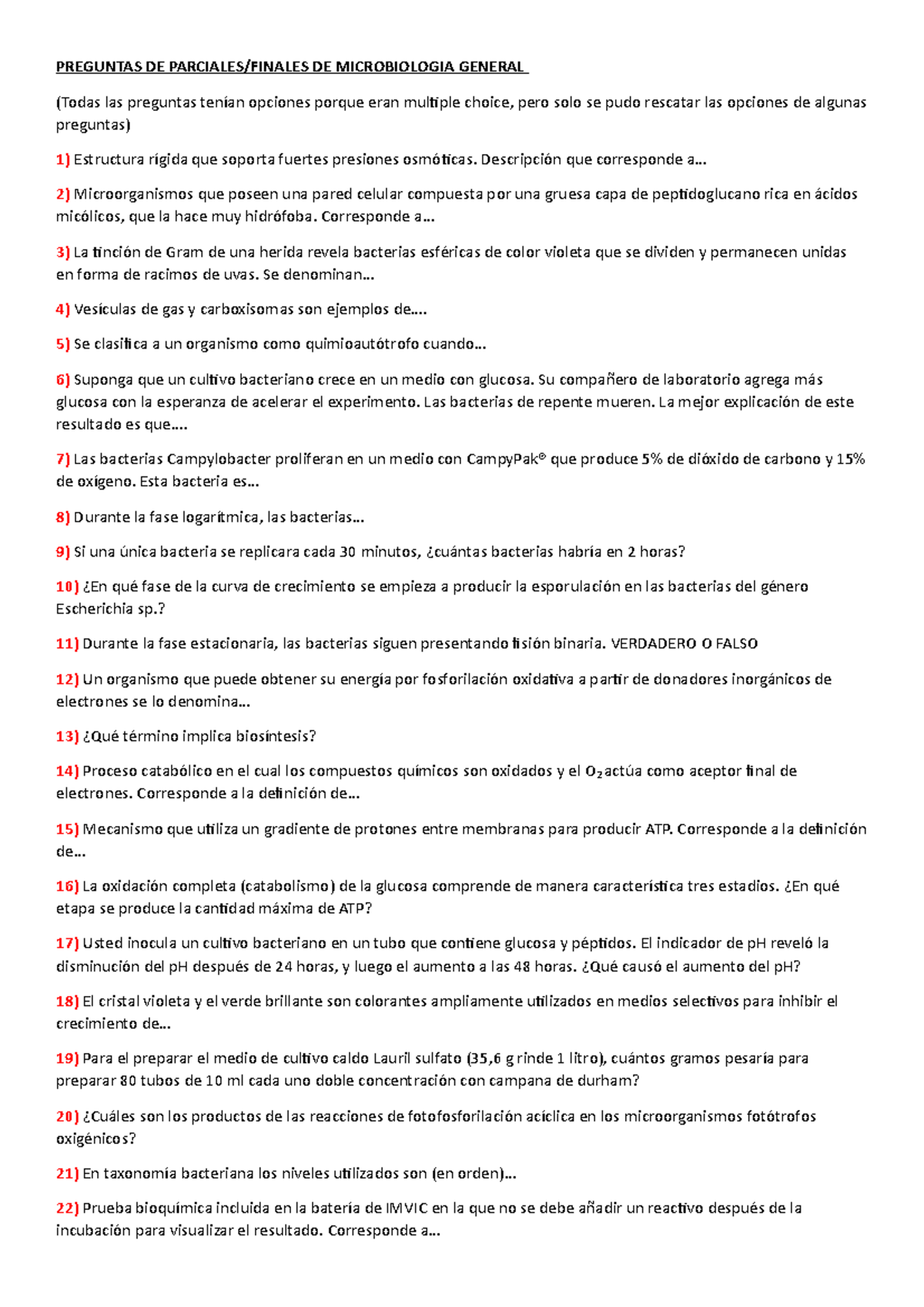 Preguntas DE Parciales microbiologia general varios - PREGUNTAS DE PARCIALES/FINALES DE - Studocu