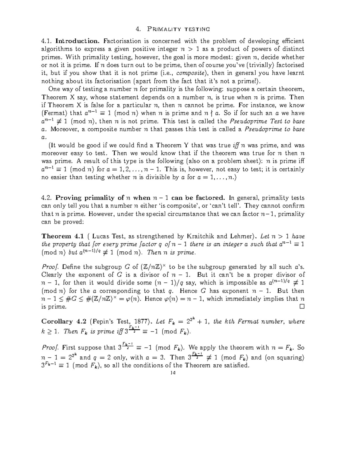 Notes 4 - 2012/2013 - 4. Primality testing 4. Introduction ...
