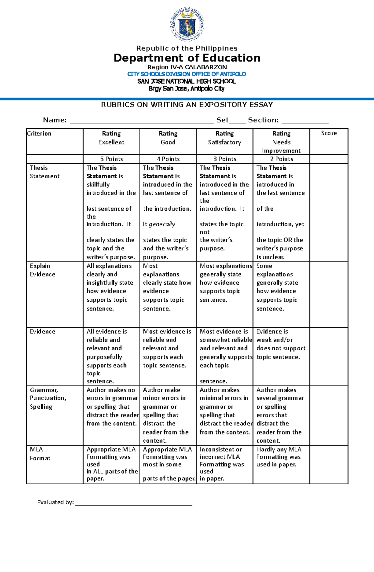 Expository Rubric - No notes - Republic of the Philippines Department ...