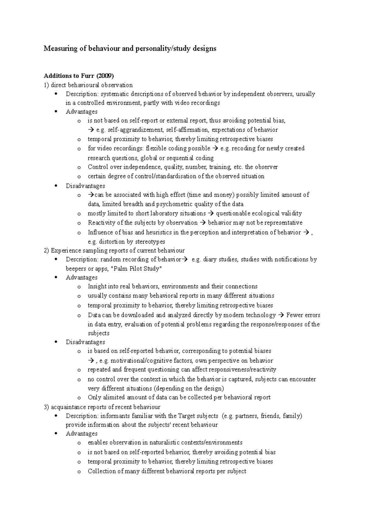 Summary 4 - Measuring behavior and personality (study designs ...