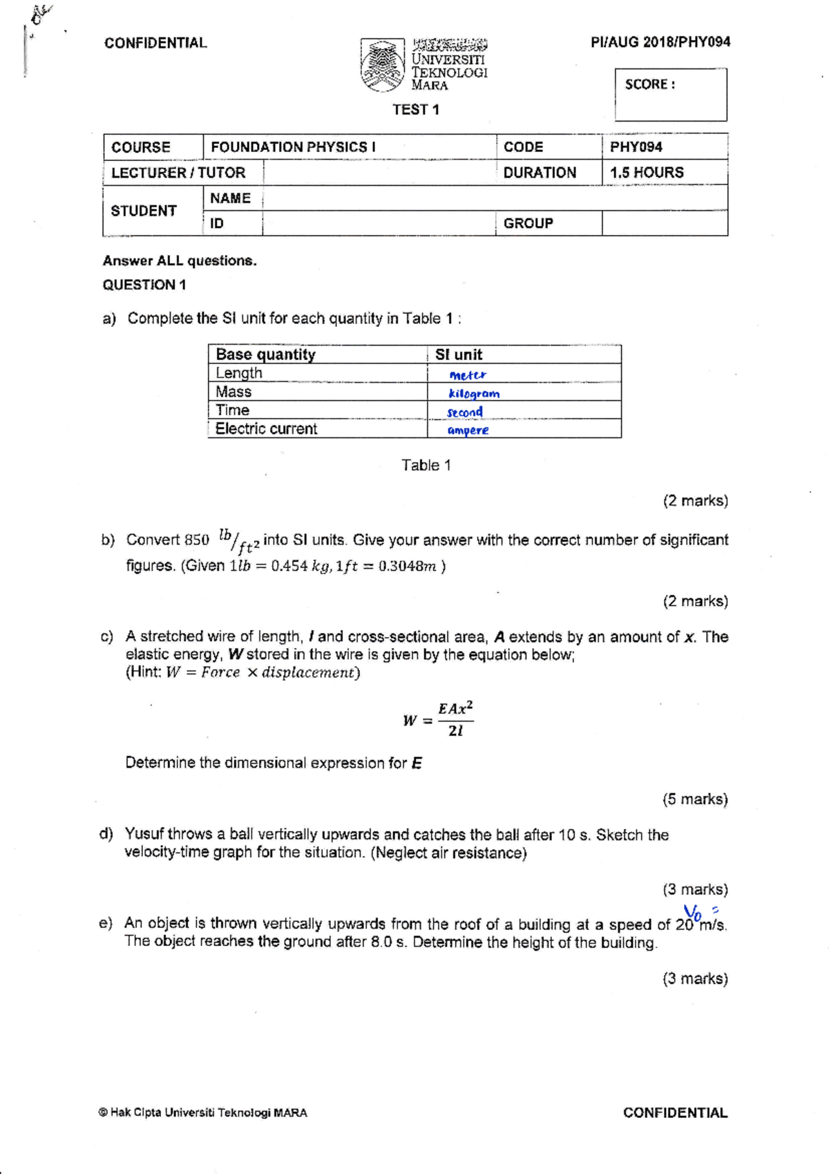 Test PHY094 2018 221002 230517 - ,s*t, t" I I I I CONFIDENTIAL vE Fiii ...