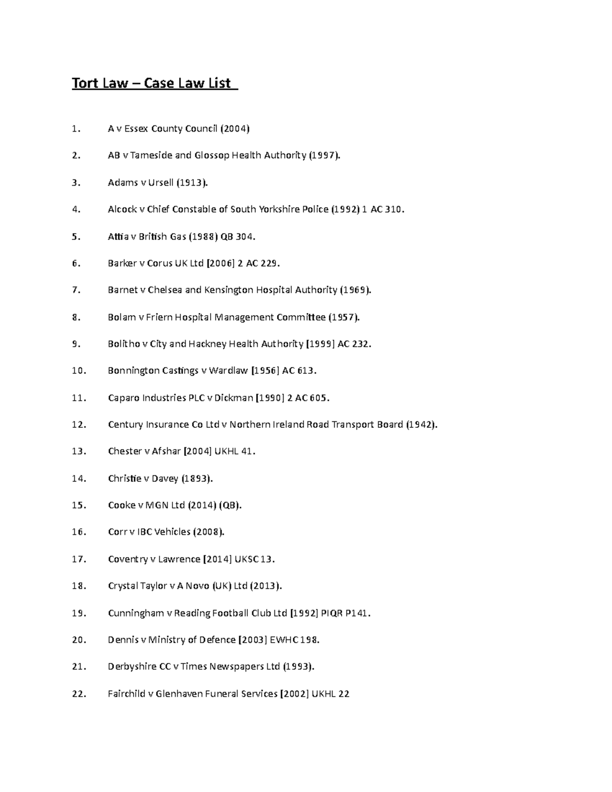 Tort Law Case List - Tort Law – Case Law List A v Essex County Council ...
