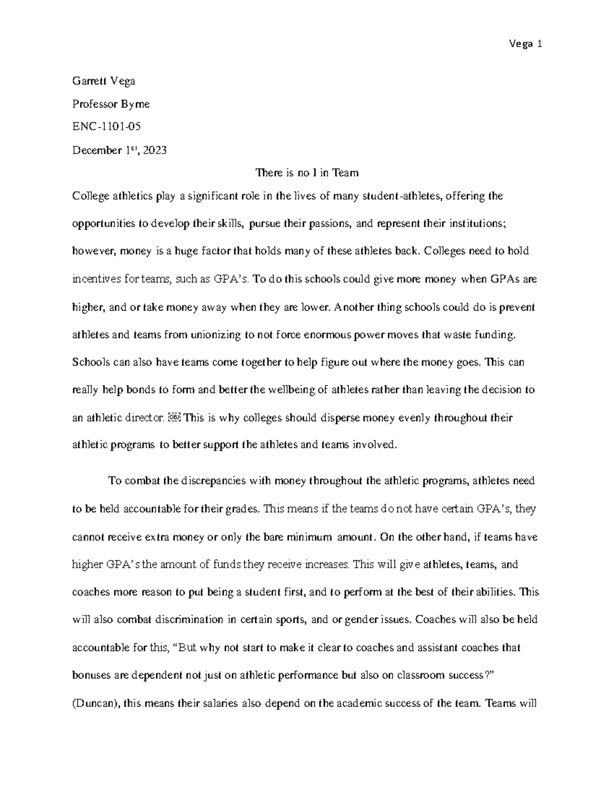 No I In Team - One piece - Garrett Vega Professor Byrne ENC- 1101 - 05 ...