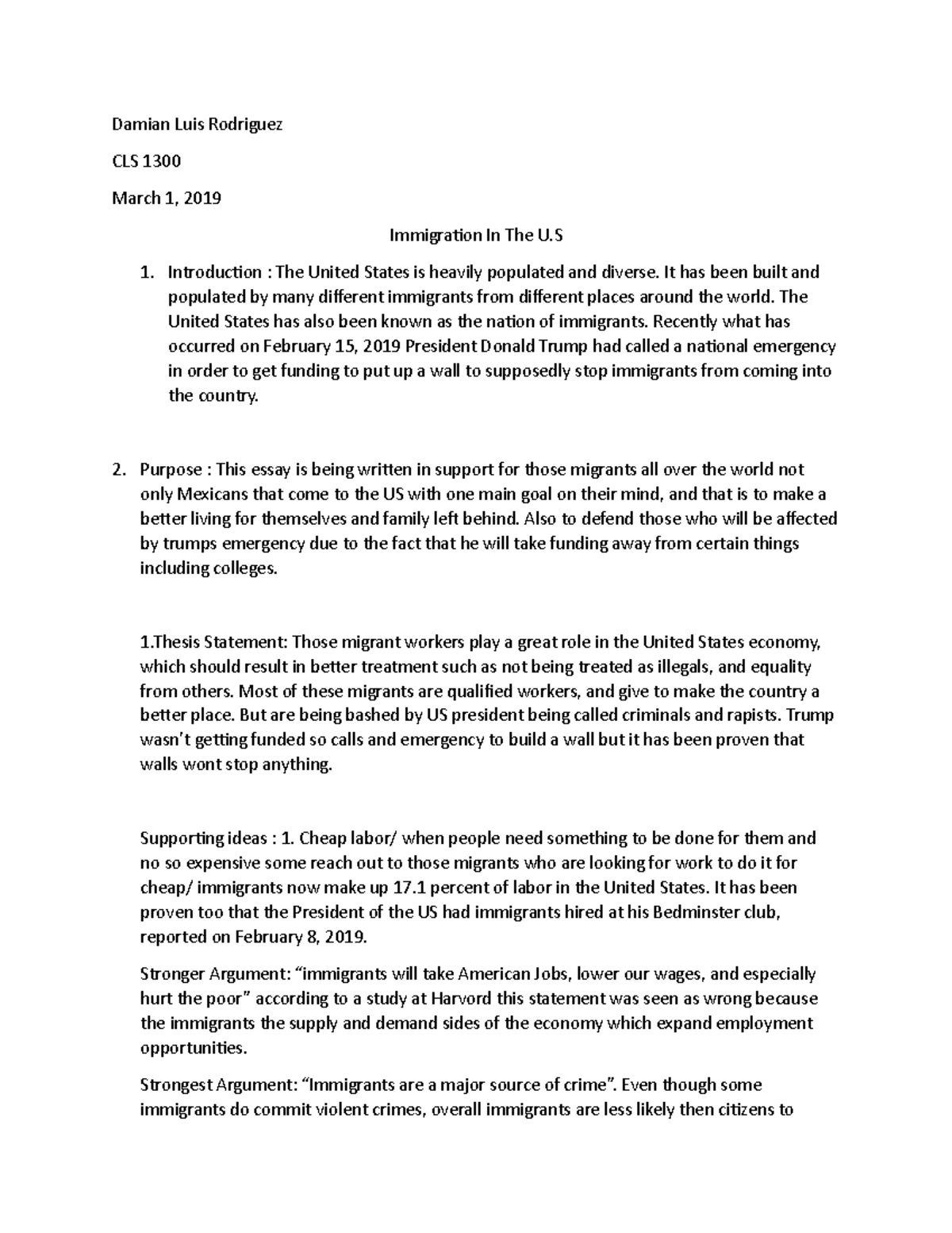 CLS essay outline revised - Damian Luis Rodriguez CLS 1300 March 1 ...