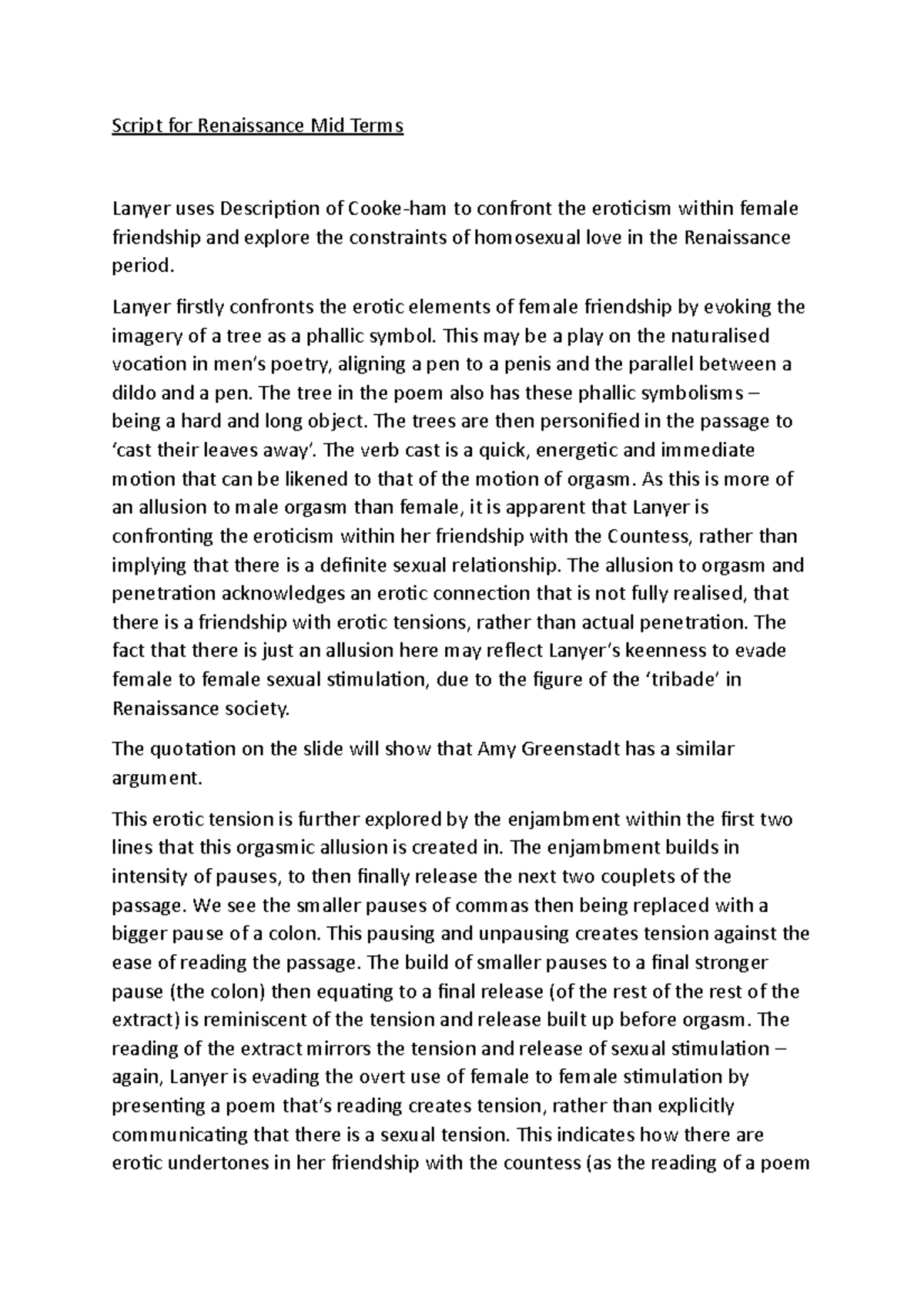 Script for Renaissance Mid Terms - Lanyer firstly confronts the erotic ...