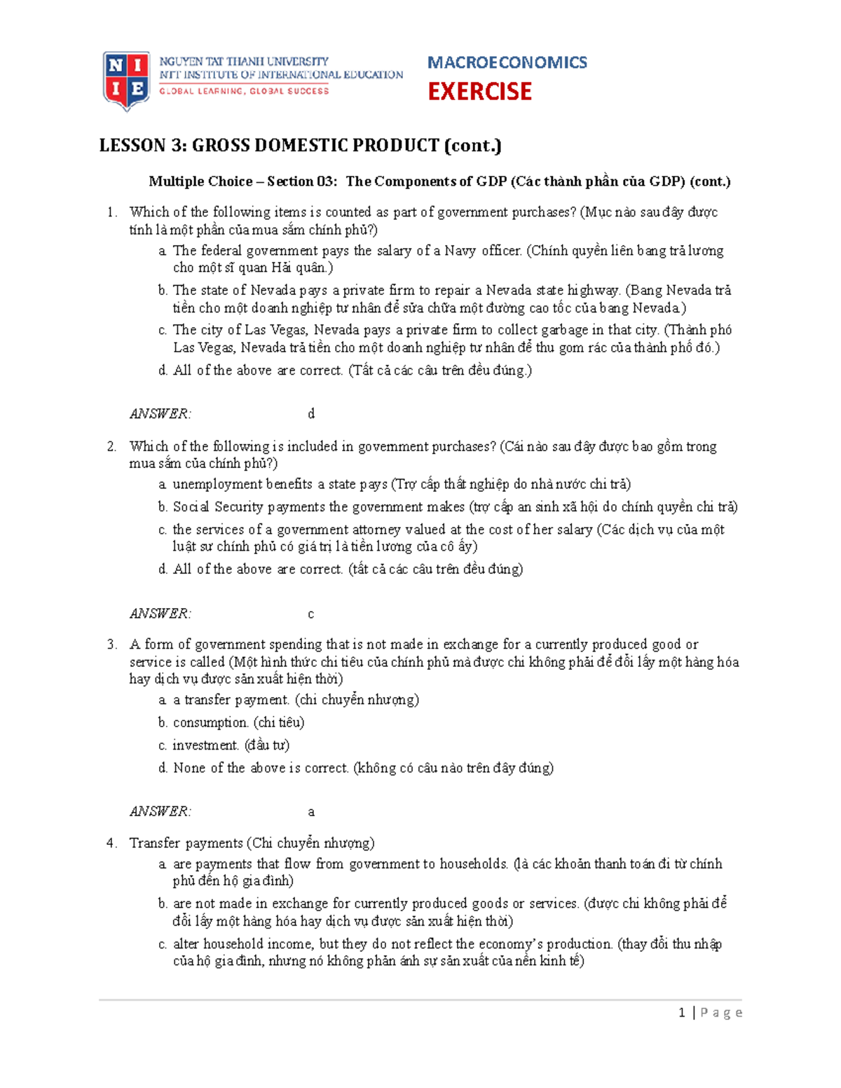 Exercise-L3- GDP cont. - QA - EXERCISE LESSON 3: GROSS DOMESTIC PRODUCT ...