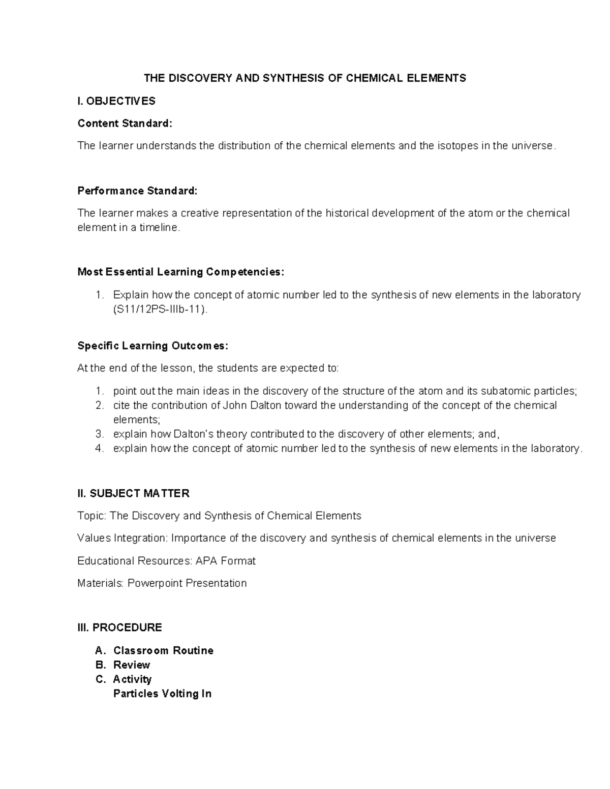 Apostol Lesson Plans - THE DISCOVERY AND SYNTHESIS OF CHEMICAL ELEMENTS ...