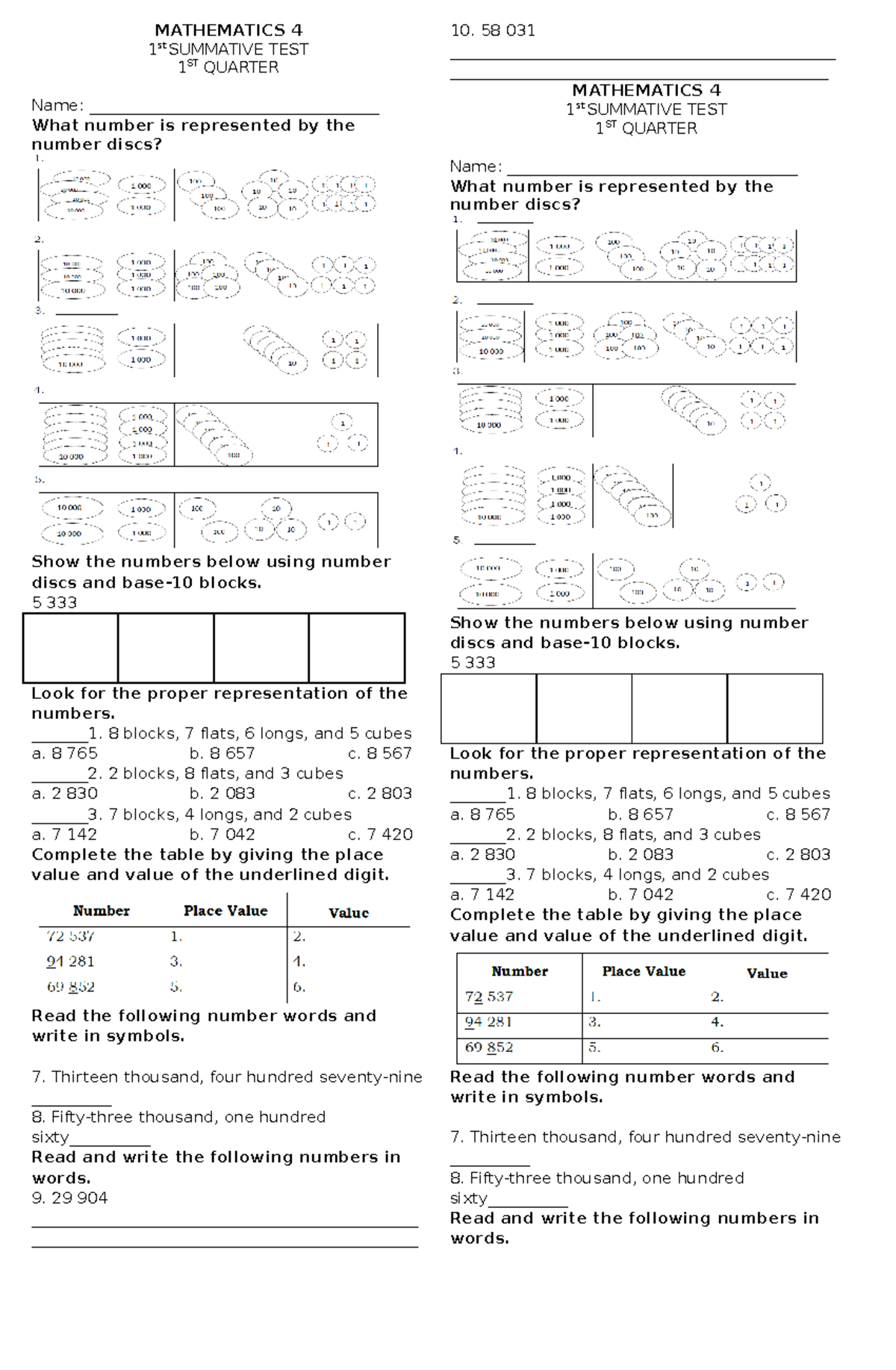 MATH4 ST1 Q1SUMMATIVE - MATHEMATICS 4 1 st SUMMATIVE TEST 1 ST QUARTER ...