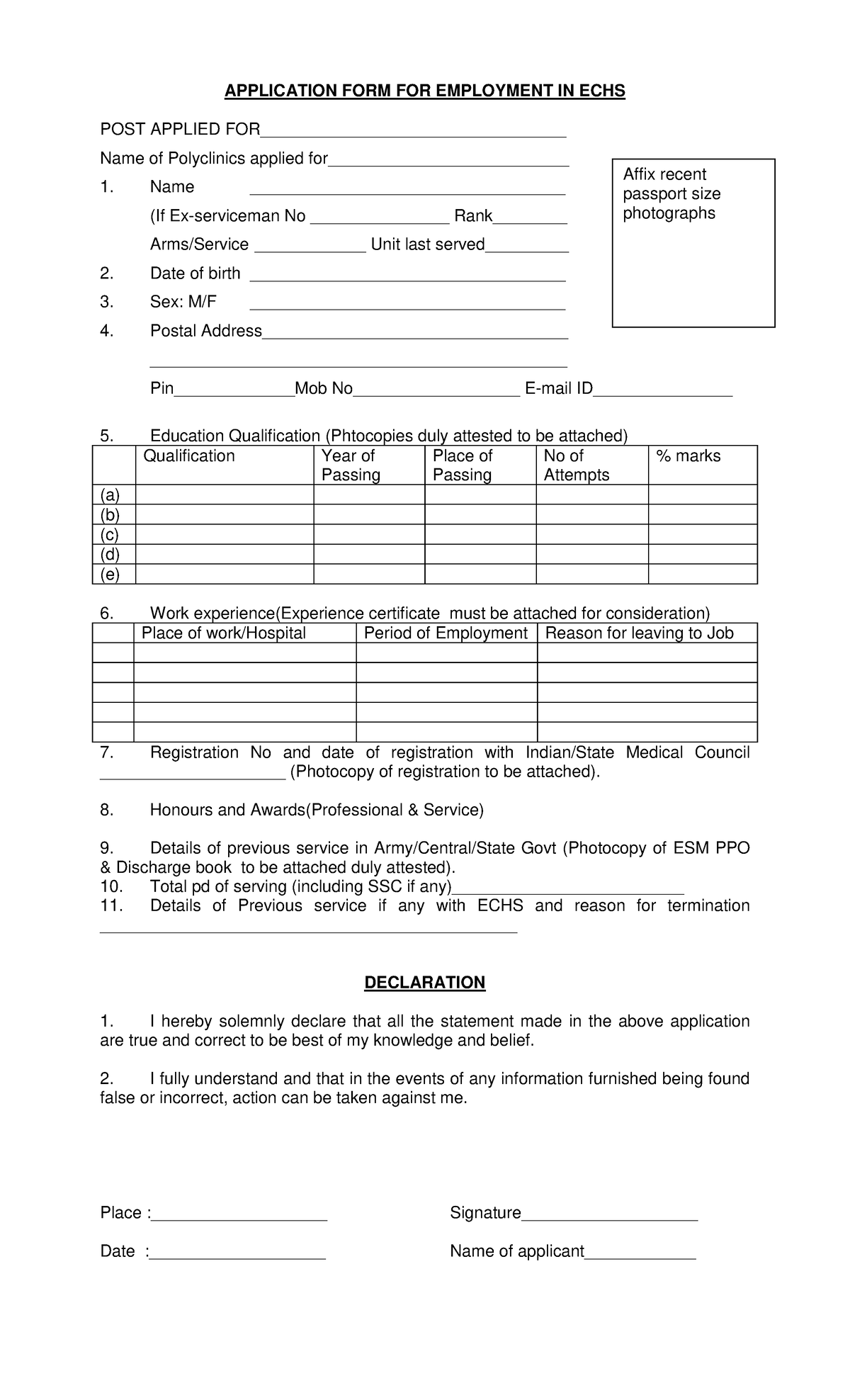 Application Form - APPLICATION FORM FOR EMPLOYMENT IN ECHS POST APPLIED ...