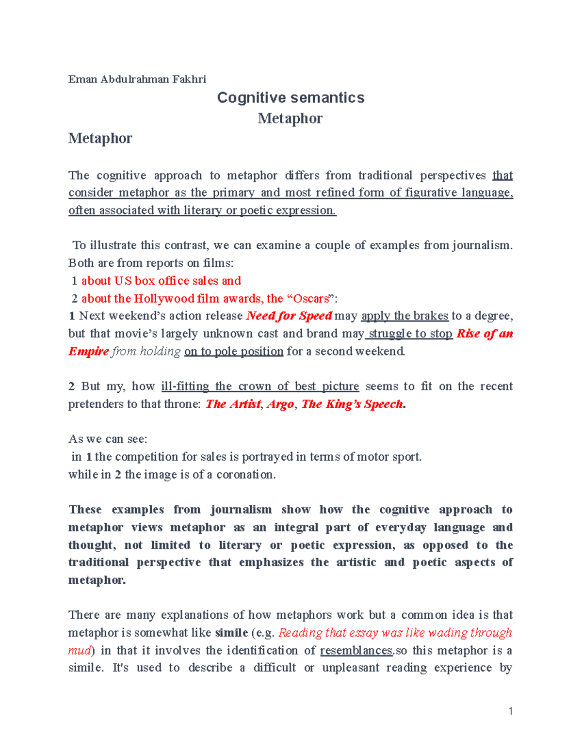 2. Metaphor - Cognitive semantics - Eman Abdulrahman Fakhri Cognitive semantics Metaphor ...